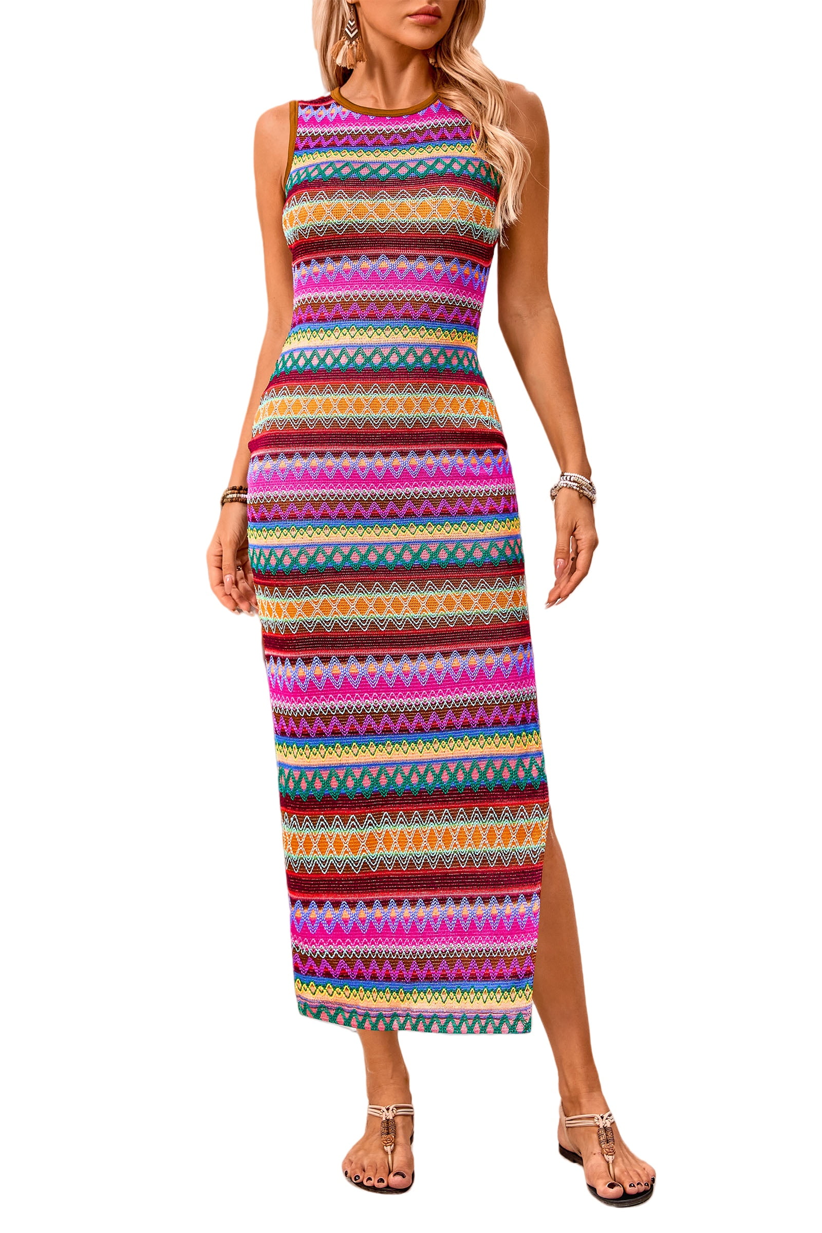 PRETTYGARDEN Womens Summer Sleeveless Tank Dress Crew Neck Striped Side Slit Bodycon Casual Maxi ...