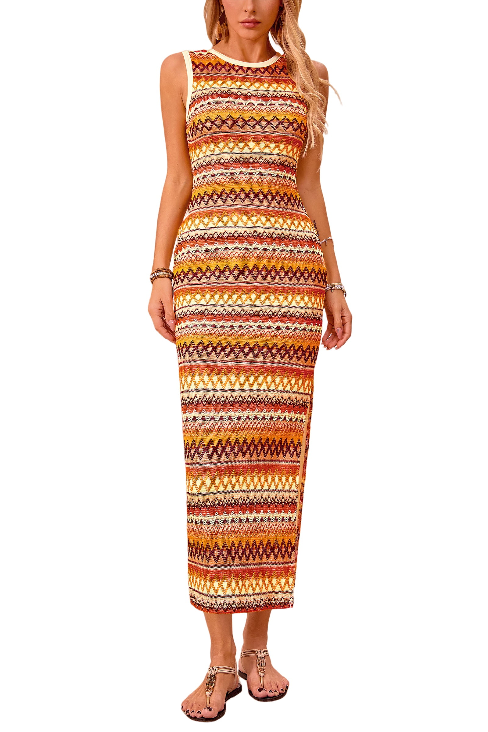 PRETTYGARDEN Womens Summer Sleeveless Tank Dress Crew Neck Striped Side Slit Bodycon Casual Maxi ...