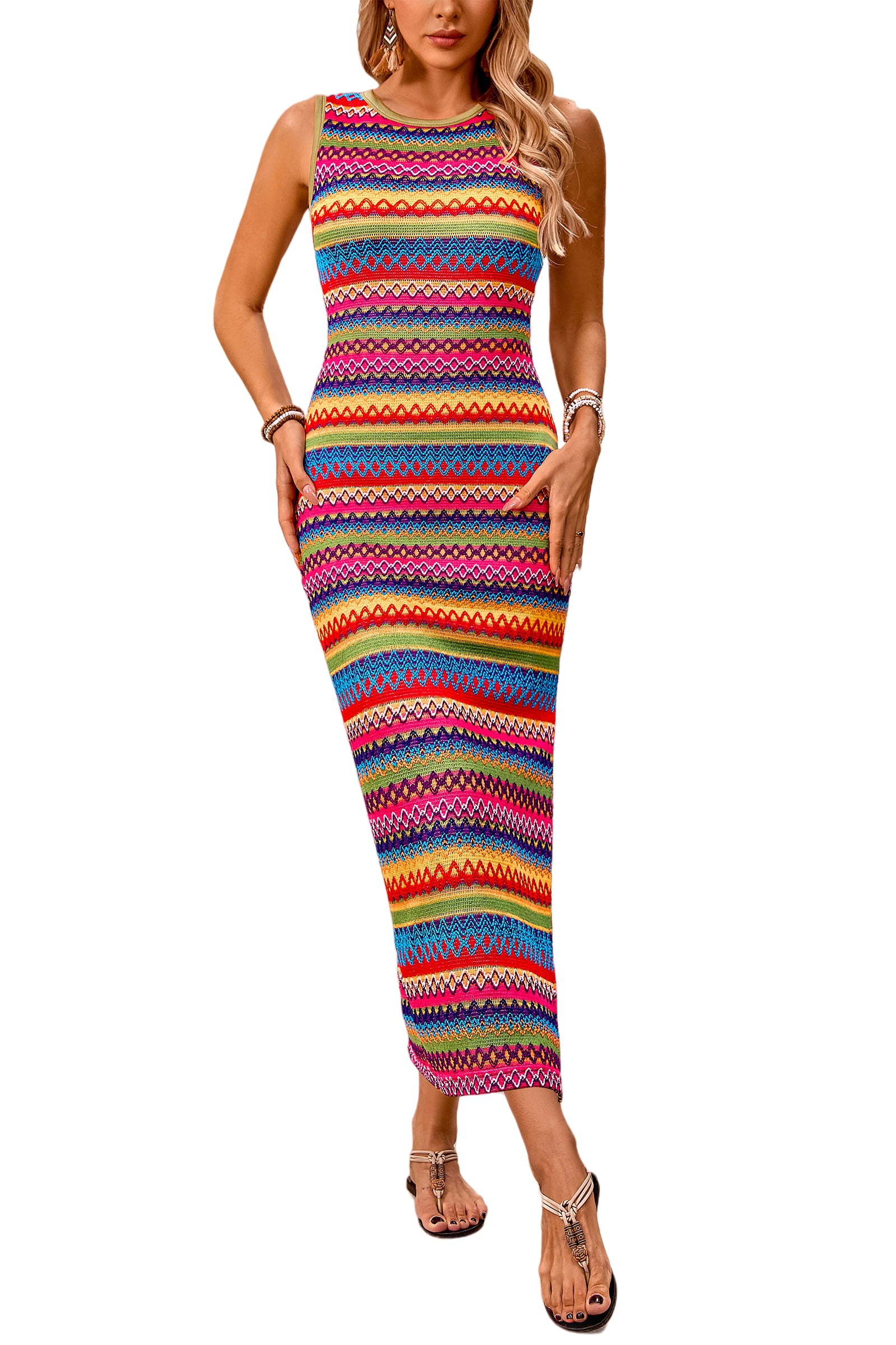 PRETTYGARDEN Womens Sleeveless Summer Maxi Dress, Striped Bodycon, Side Slit, Casual - Walmart.com