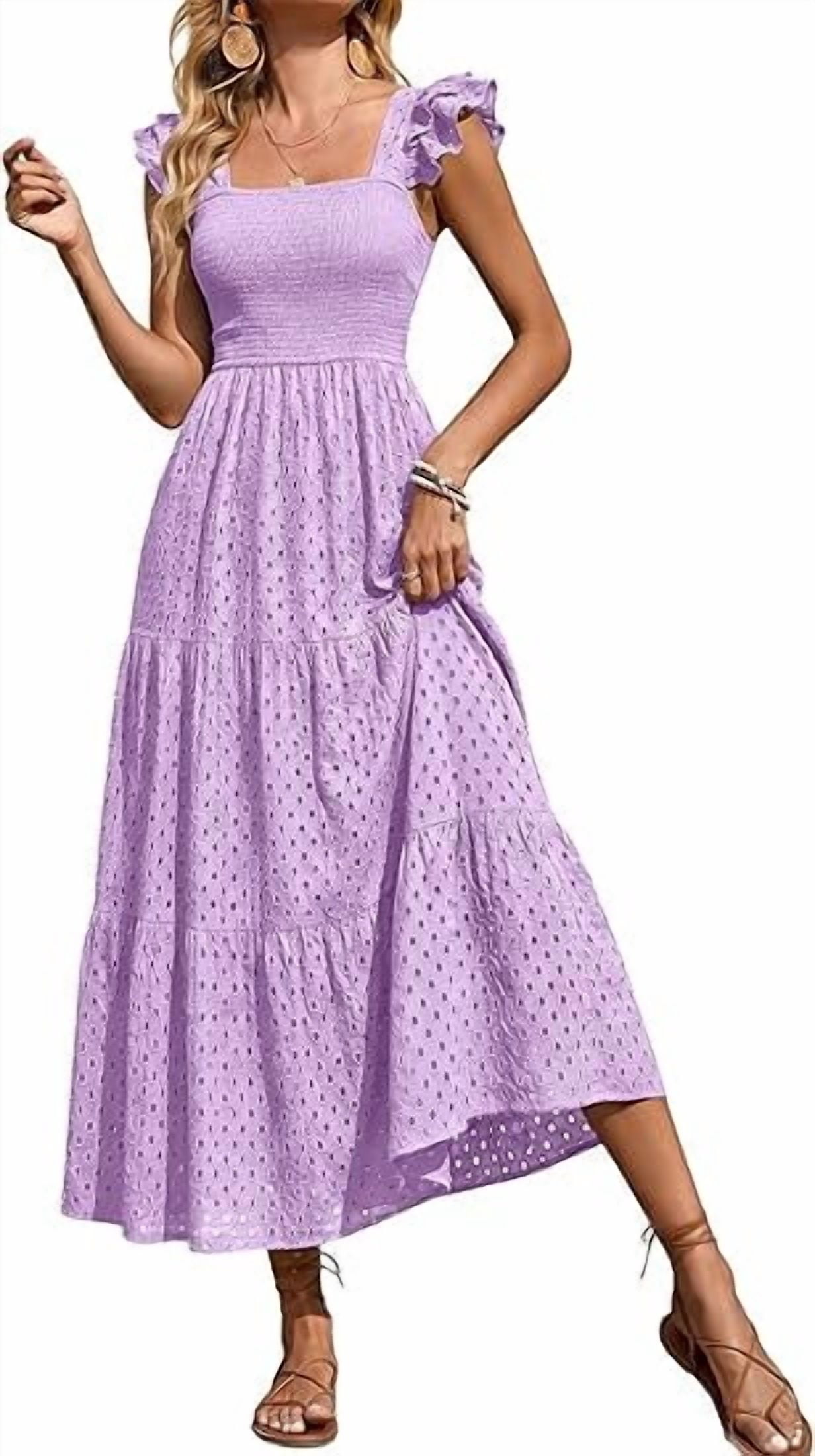 PRETTYGARDEN Womens Summer Square Neck Maxi Dresses Cap Sleeve Eyelet ...