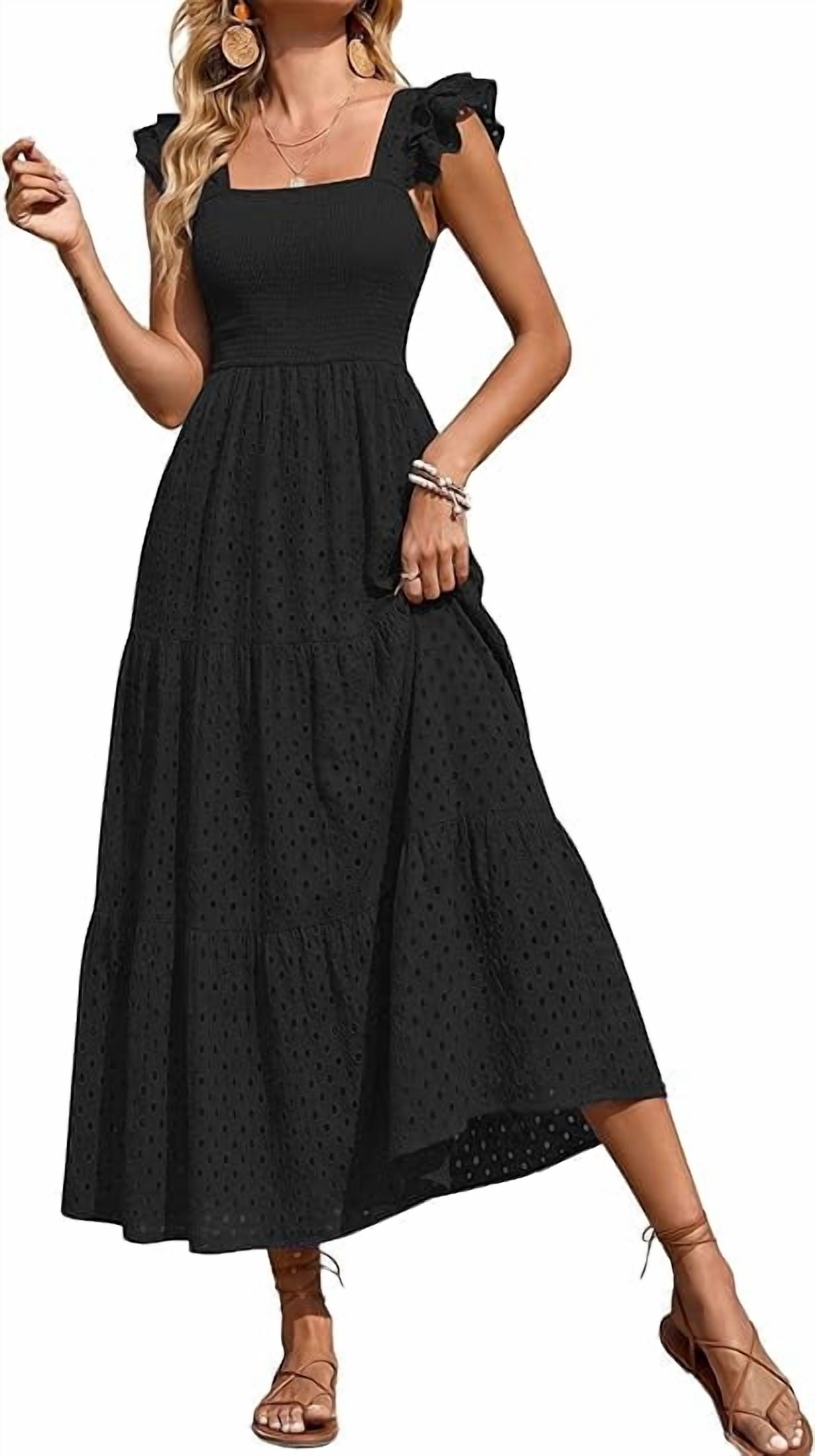 PRETTYGARDEN Womens Summer Square Neck Maxi Dresses Cap Sleeve Eyelet ...