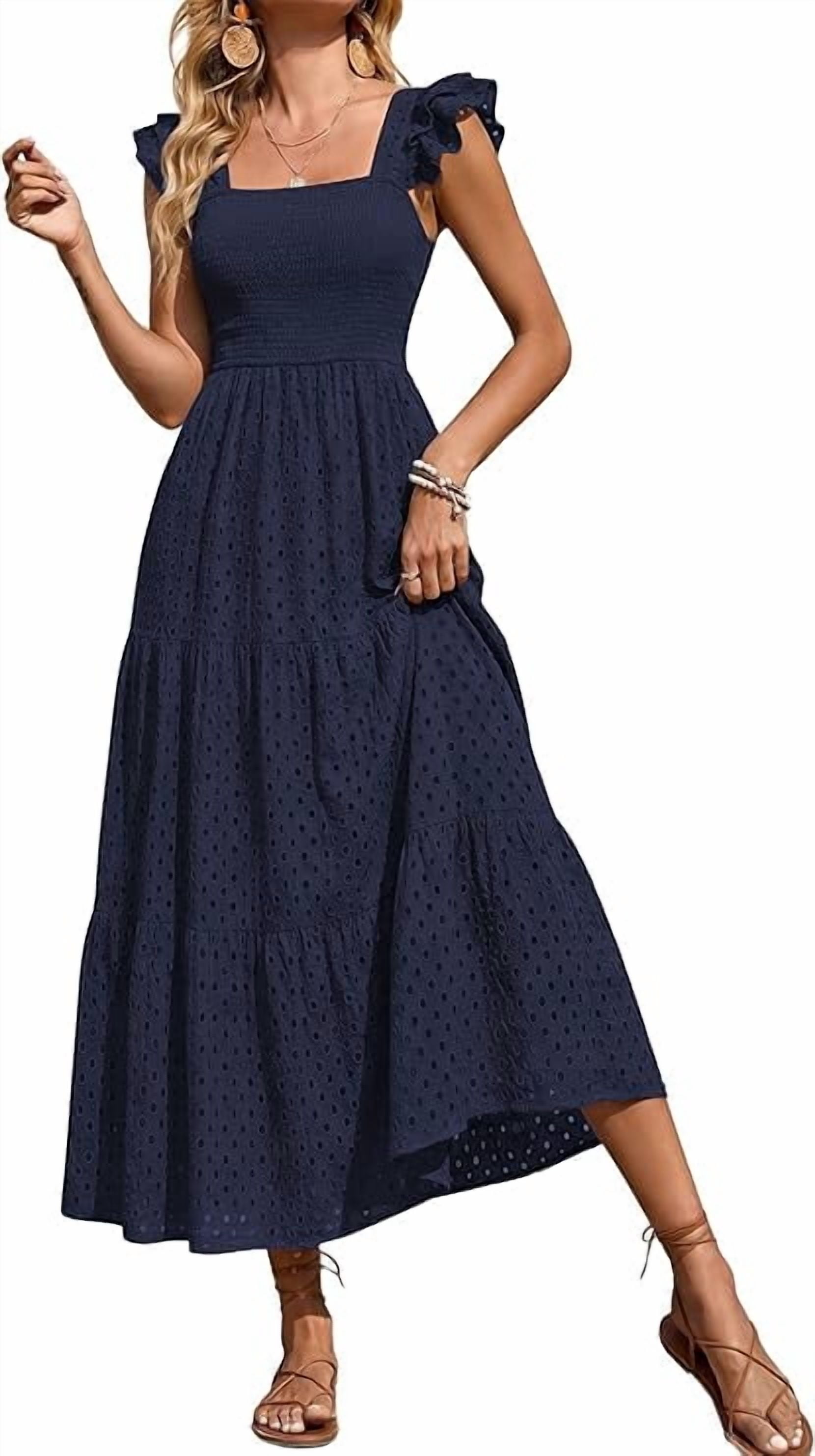 PRETTYGARDEN Womens Summer Square Neck Maxi Dresses Cap Sleeve Eyelet ...
