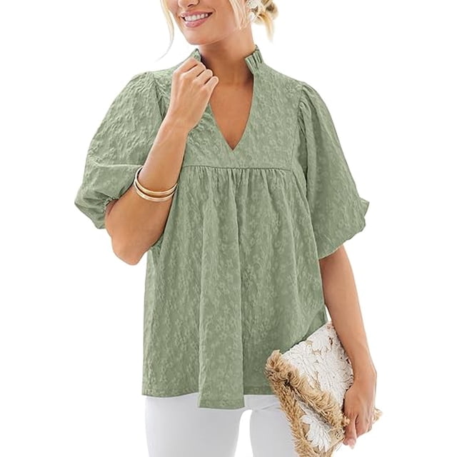 PRETTYGARDEN Womens Summer Tops 2025 Ruffle V Neck Blouses Loose Puff ...
