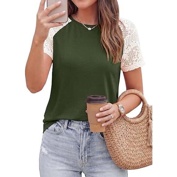 PRETTYGARDEN Womens Summer Tops Casual Lace Raglan Short Sleeve T ...