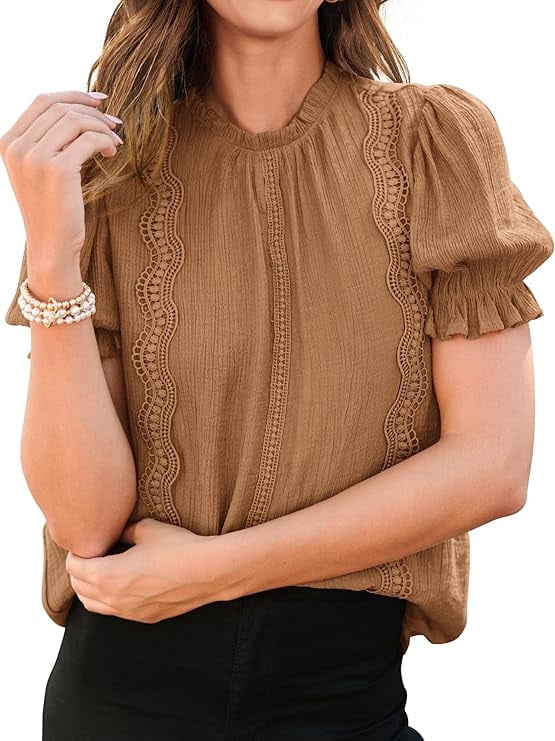 PRETTYGARDEN Womens Summer Tops Trendy Mock Neck Puff Sleeve Blouse ...