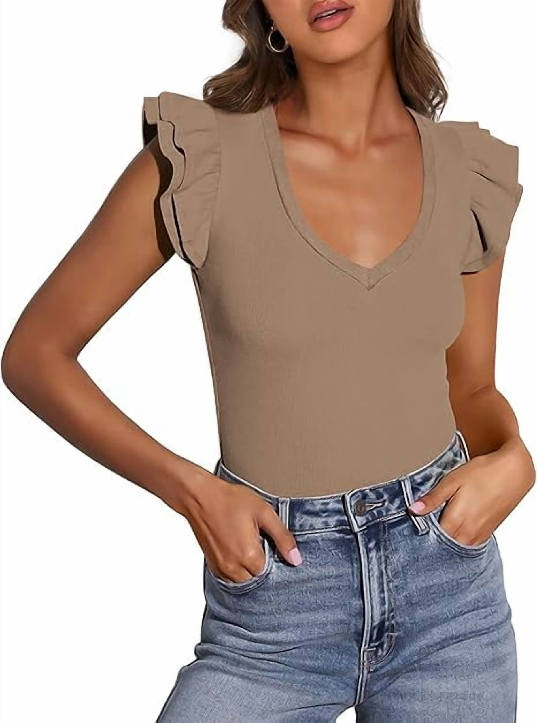 PRETTYGARDEN Womens V Neck Summer Tops Ruffle Sleeveless Slim Fit T ...
