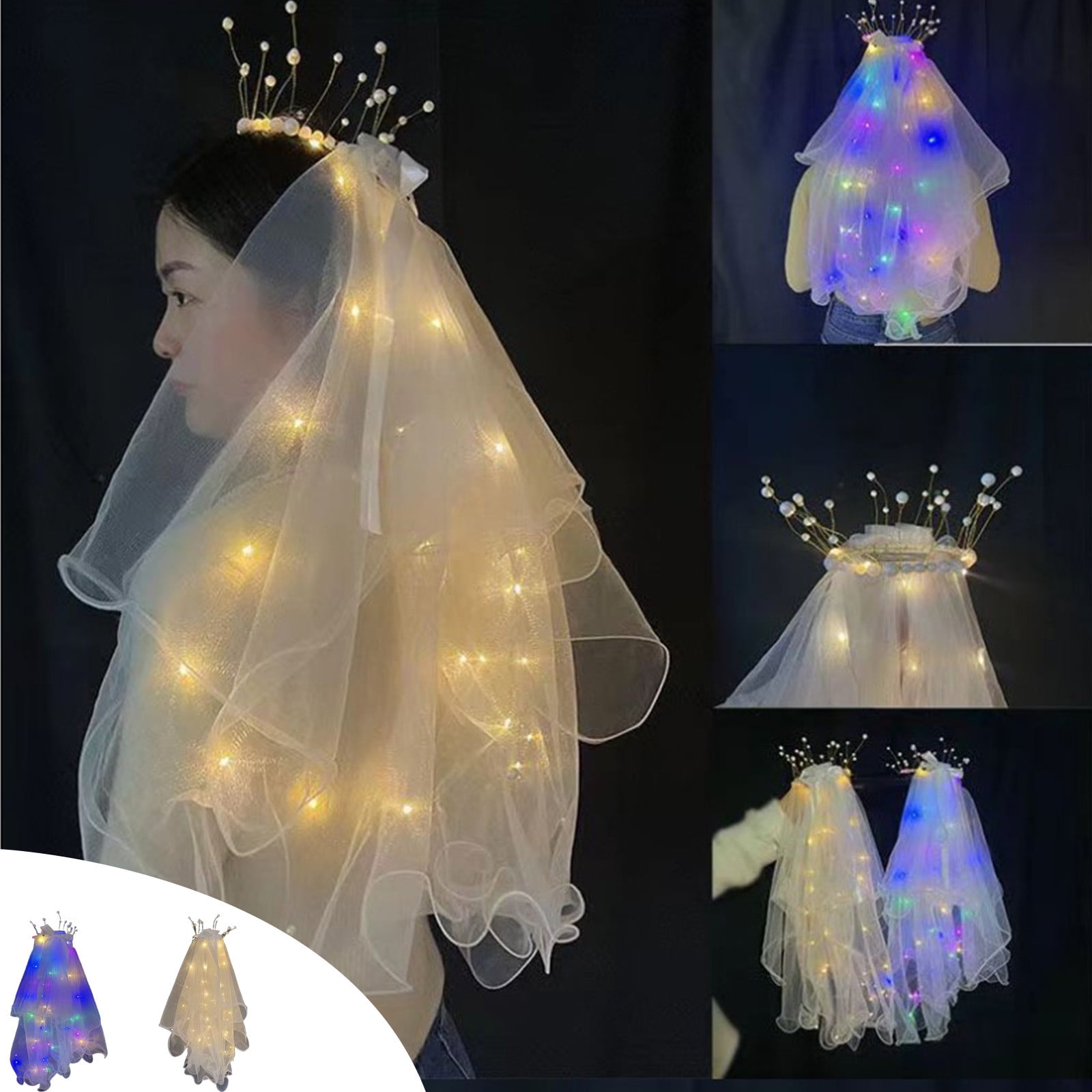 PRETXORVE 2 Tier Led Bride Wedding Veils White Light Up Bridal Veils with Hair Clip Glowing ...