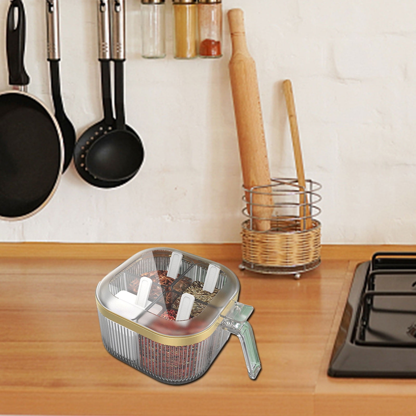 PRETXORVE 4 Compartment Seasoning Box with Separate Spoons, Ingredients ...