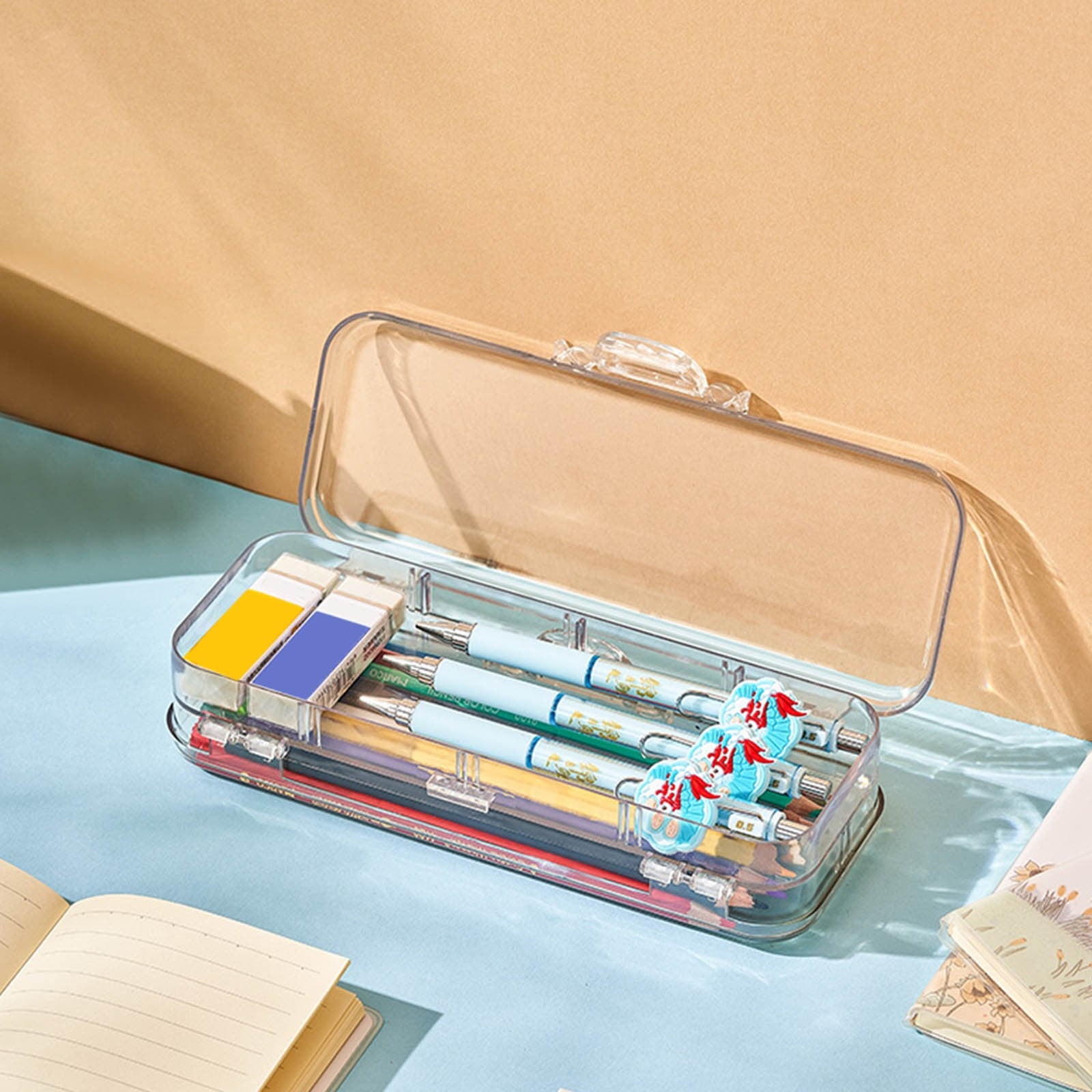 PRETXORVE Double Pencils Box Clear Plastic Stationery Box With 4 ...
