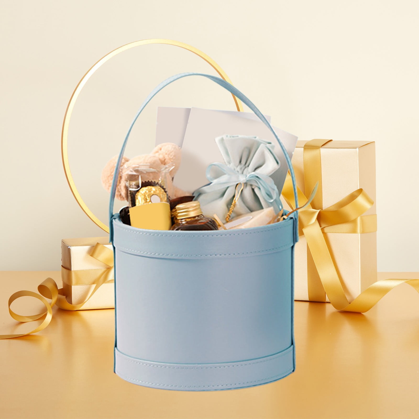 PRETXORVE Handheld Leather Bucket Flower Box Round Handheld Gift Box ...