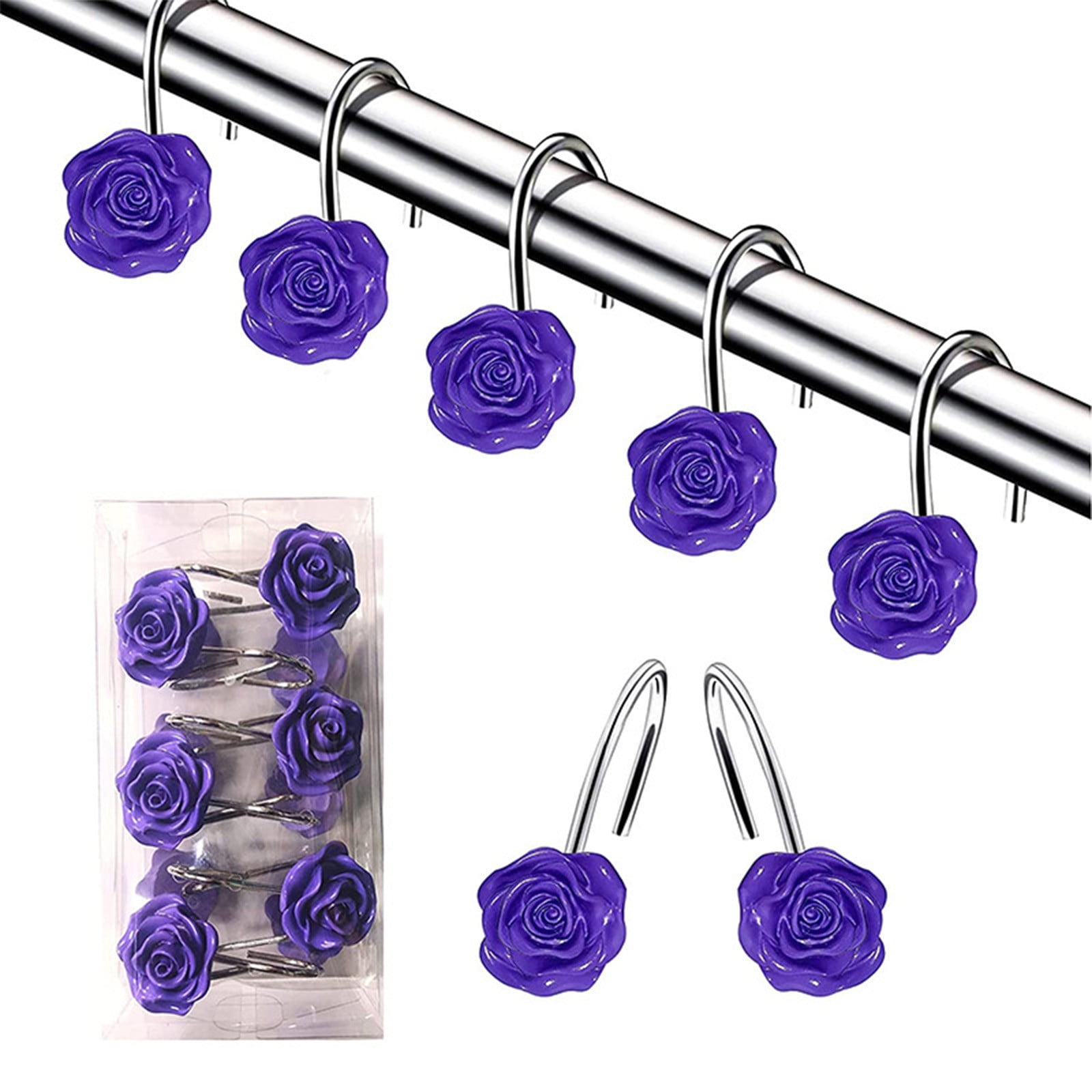 PREWOOD Rose Shower Curtain Hooks,12 Pcs Glide Shower Curtain Rings ...