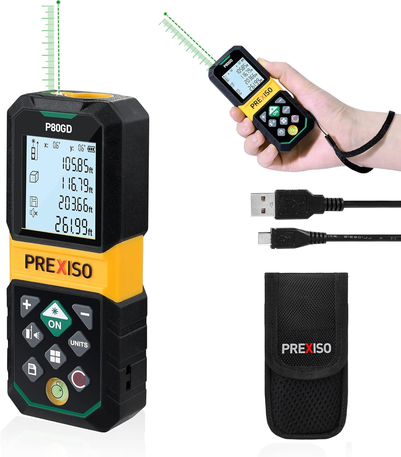 PREXISO Laser Measure Rechargeable, 265Ft Green Beam Laser Measurement ...