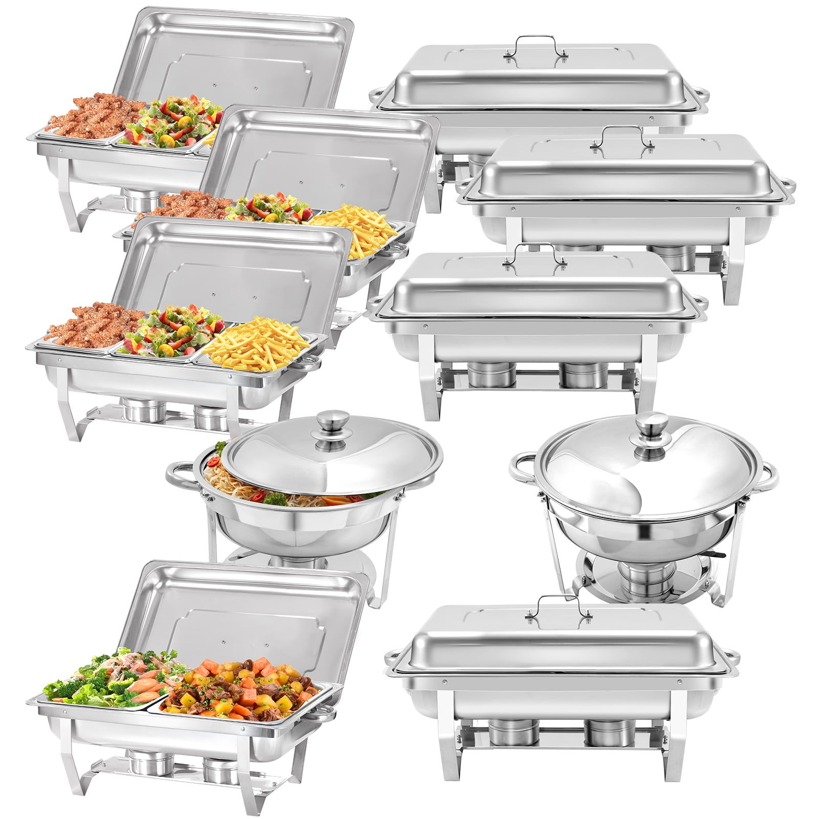 PRIJESSE 10 Pack Chafing Dish Rectangular 8QT 1/3 Pan×6+Round 5QT×2 ...
