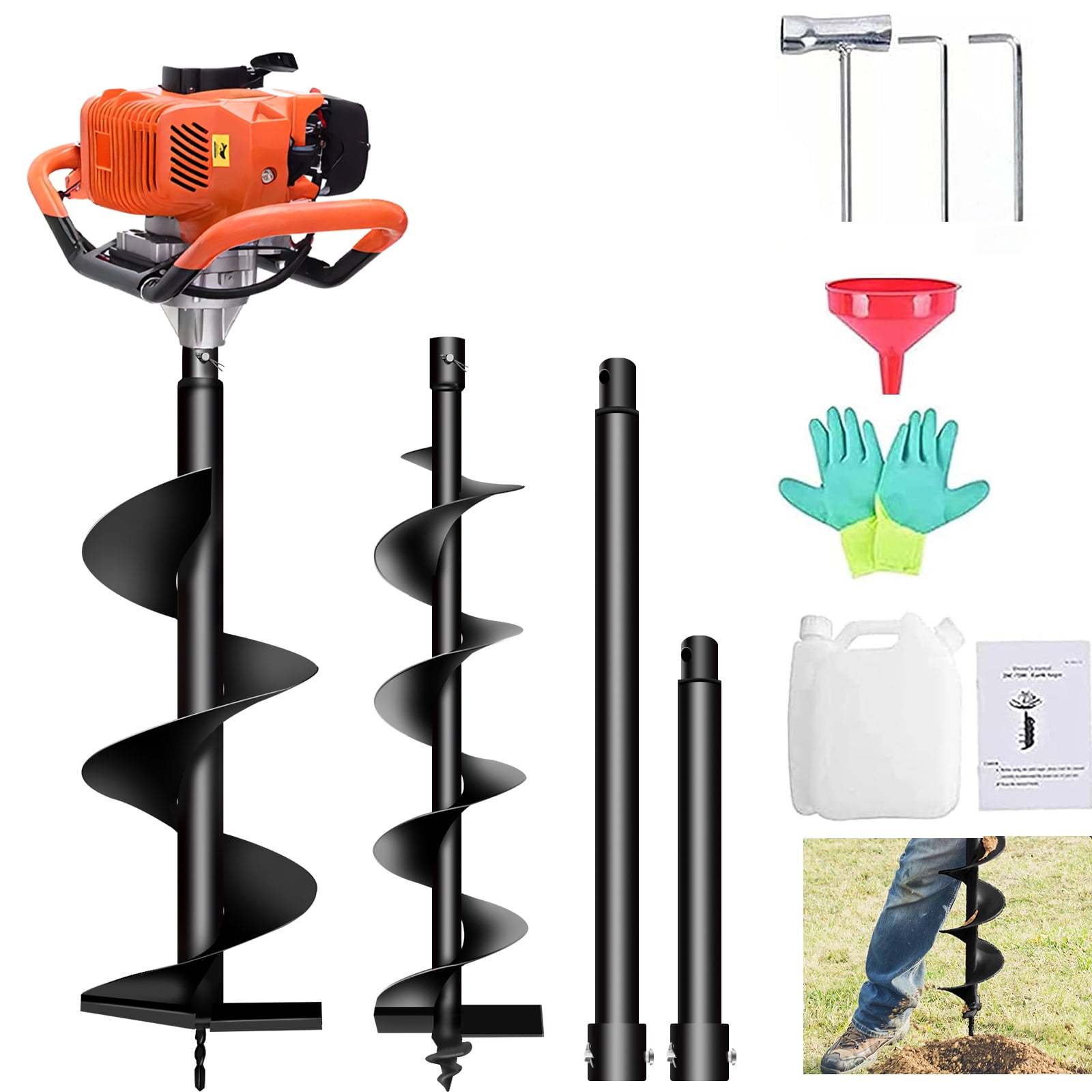 PRIJESSE 62CC Gas Powered Post Hole Auger, 6" and 10" Bits, 12" and 20 ...