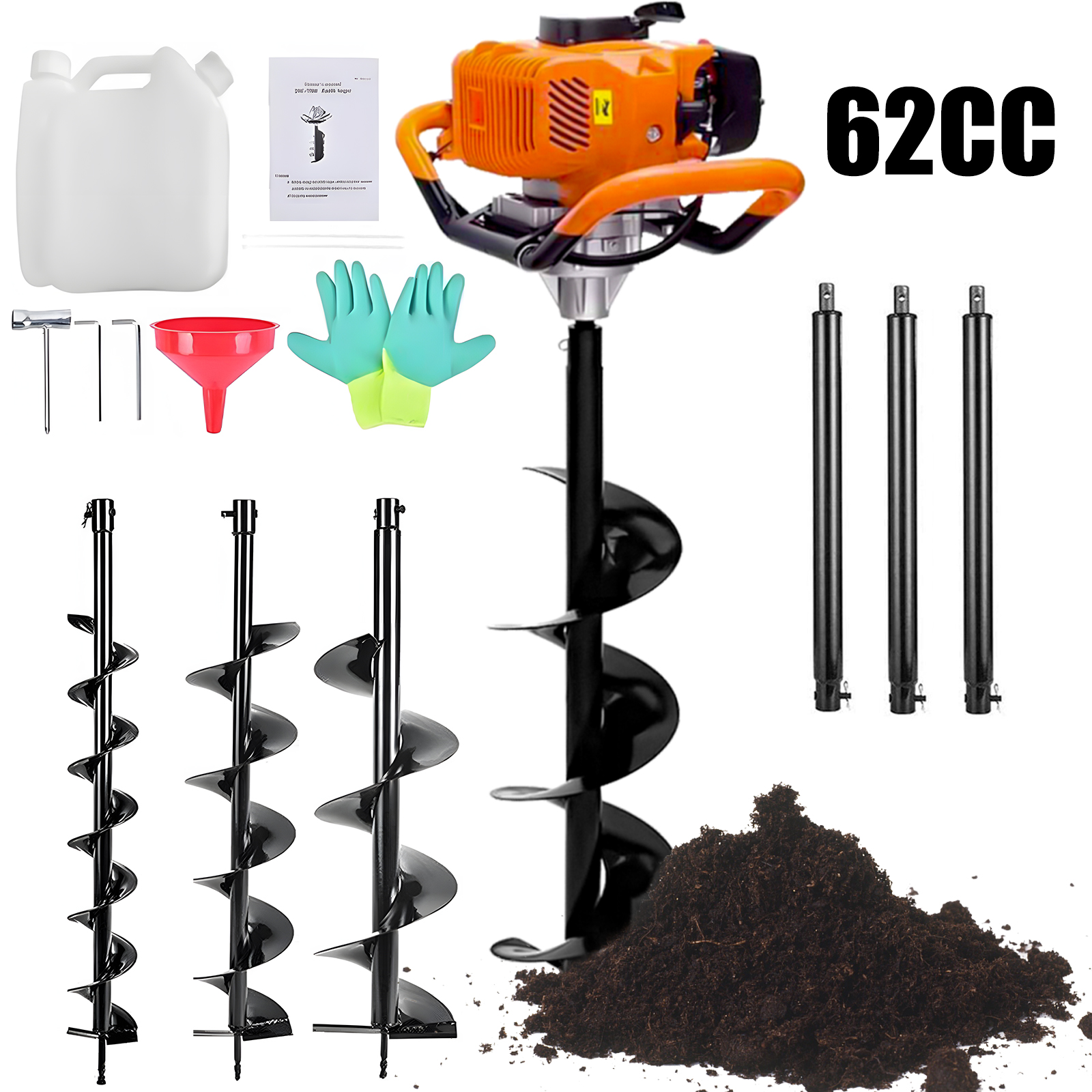 PRIJESSE 72cc 3KW Post Hole Digger 2-Stroke Petrol Gas Powered Earth ...