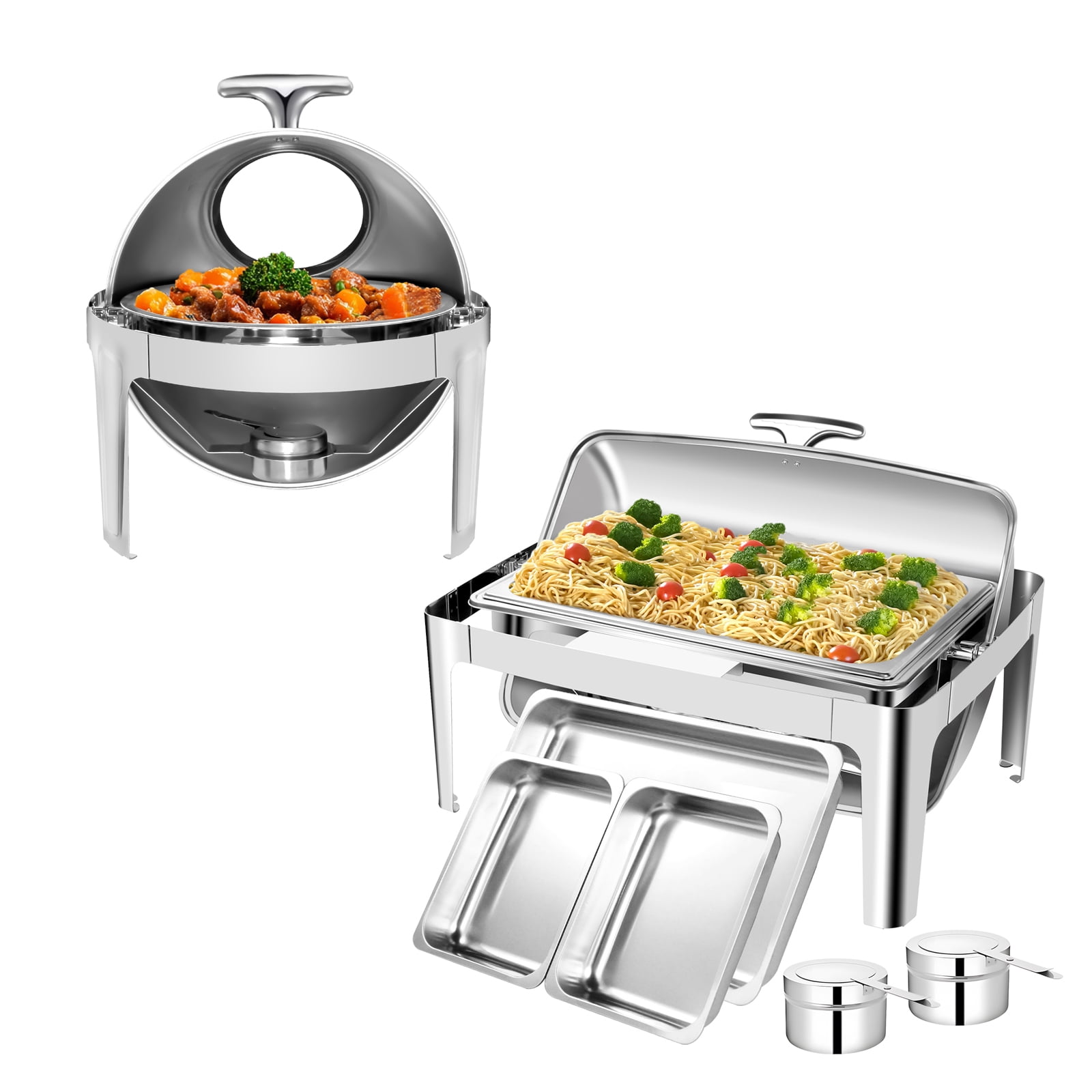 PRIJESSE Roll Top Chafing Dish Buffet Set, 9Qt Rectangular + 6Qt Round with visible window ...