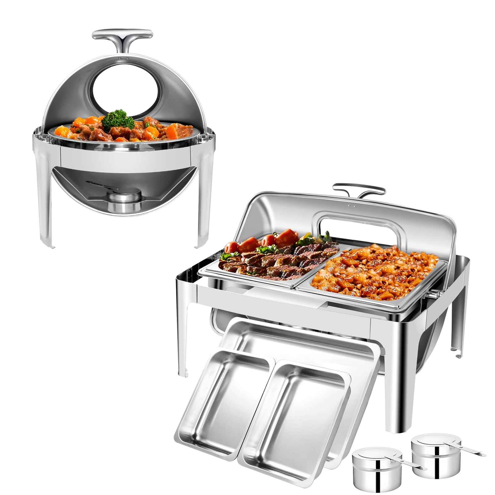 PRIJESSE Roll Top Chafing Dish Buffet Set with visible window, 9Qt Rectangular + 6Qt Round ...