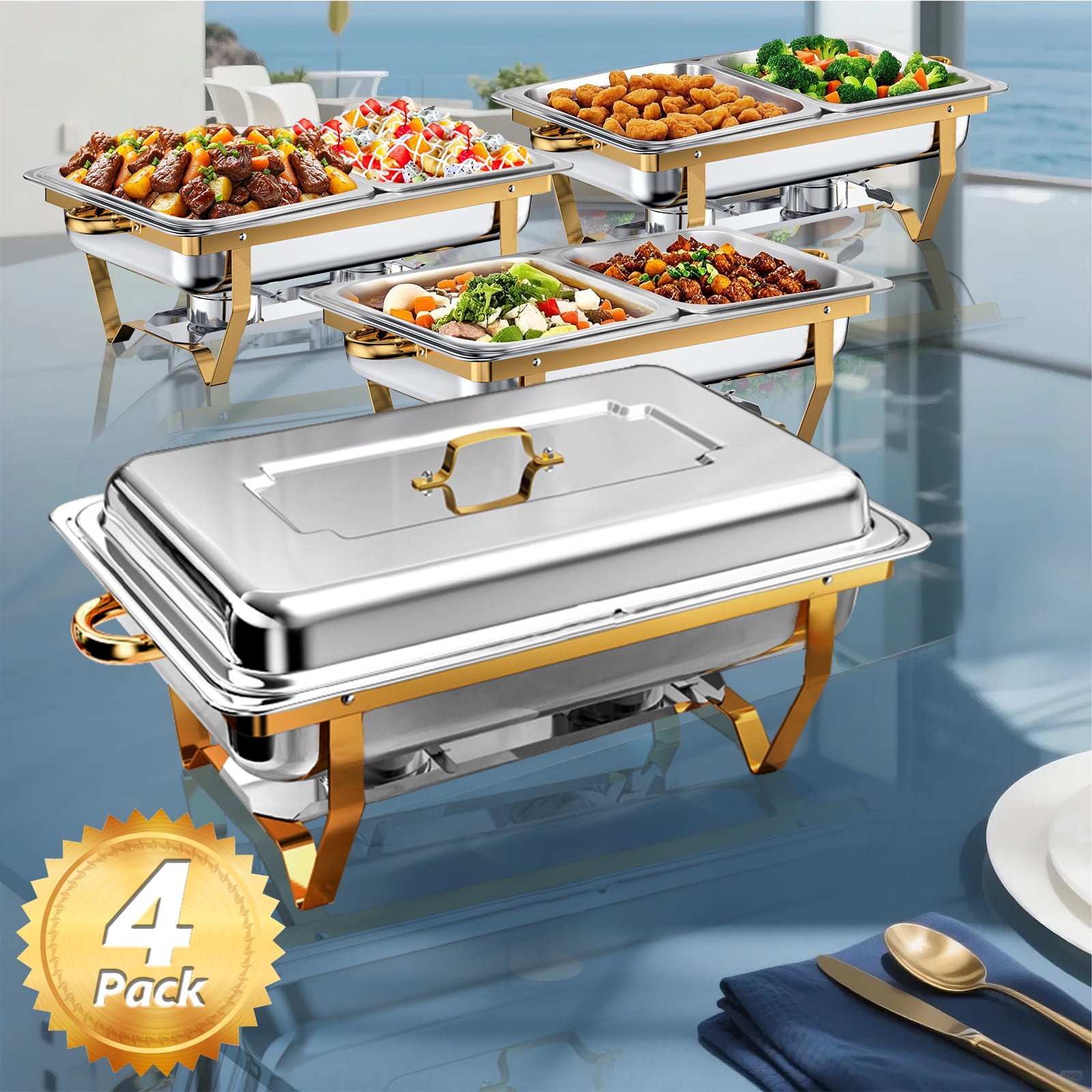 PRIJESSE Stainless Steel Buffet Warmers Set 4 Pack 9 QT Chafing Dishes ...