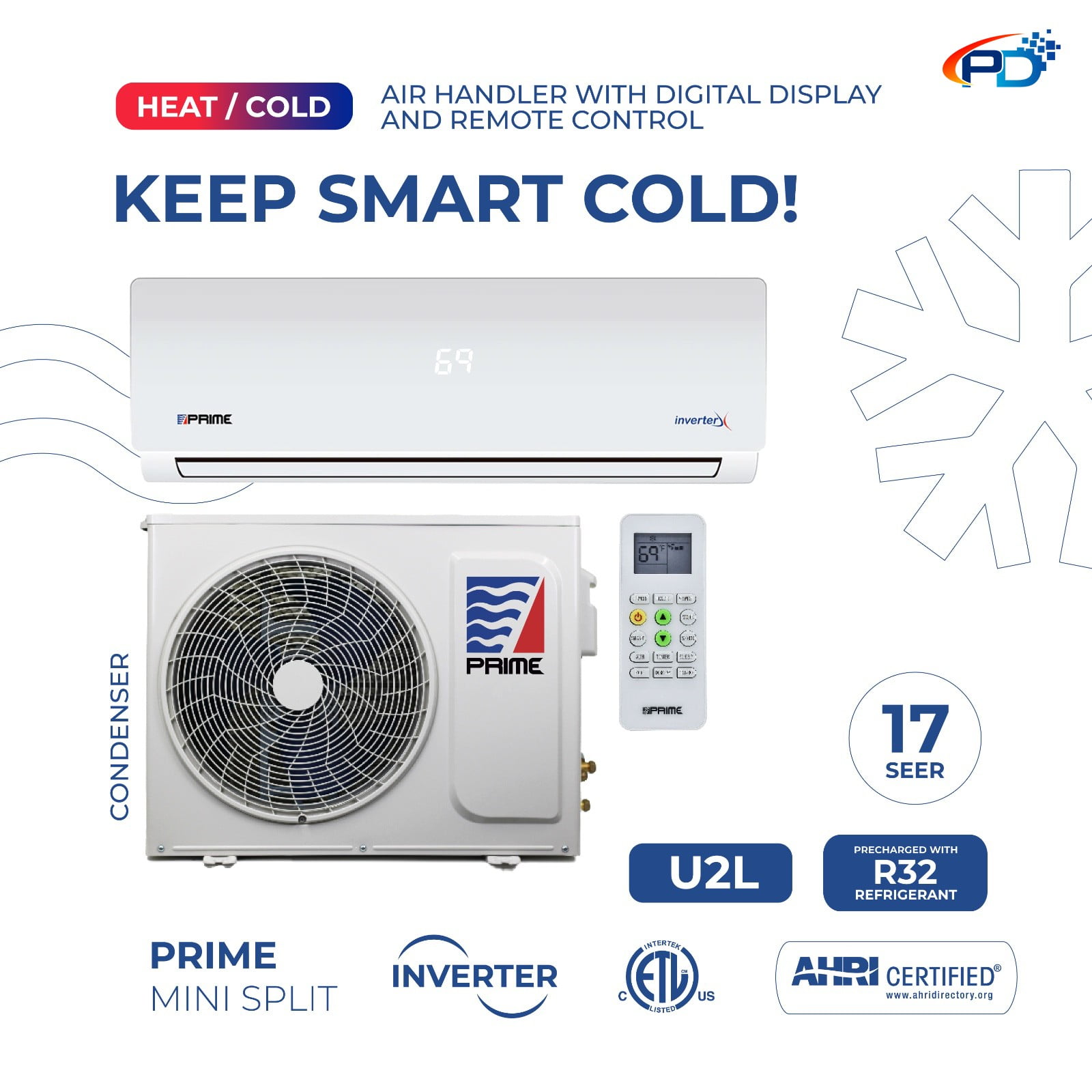 PRIME 12000 BTU MINI SPLIT HEAT/COLD DUCTLESS WIFI 17SEER R32 110V W/ INSTALL KIT - Walmart.com