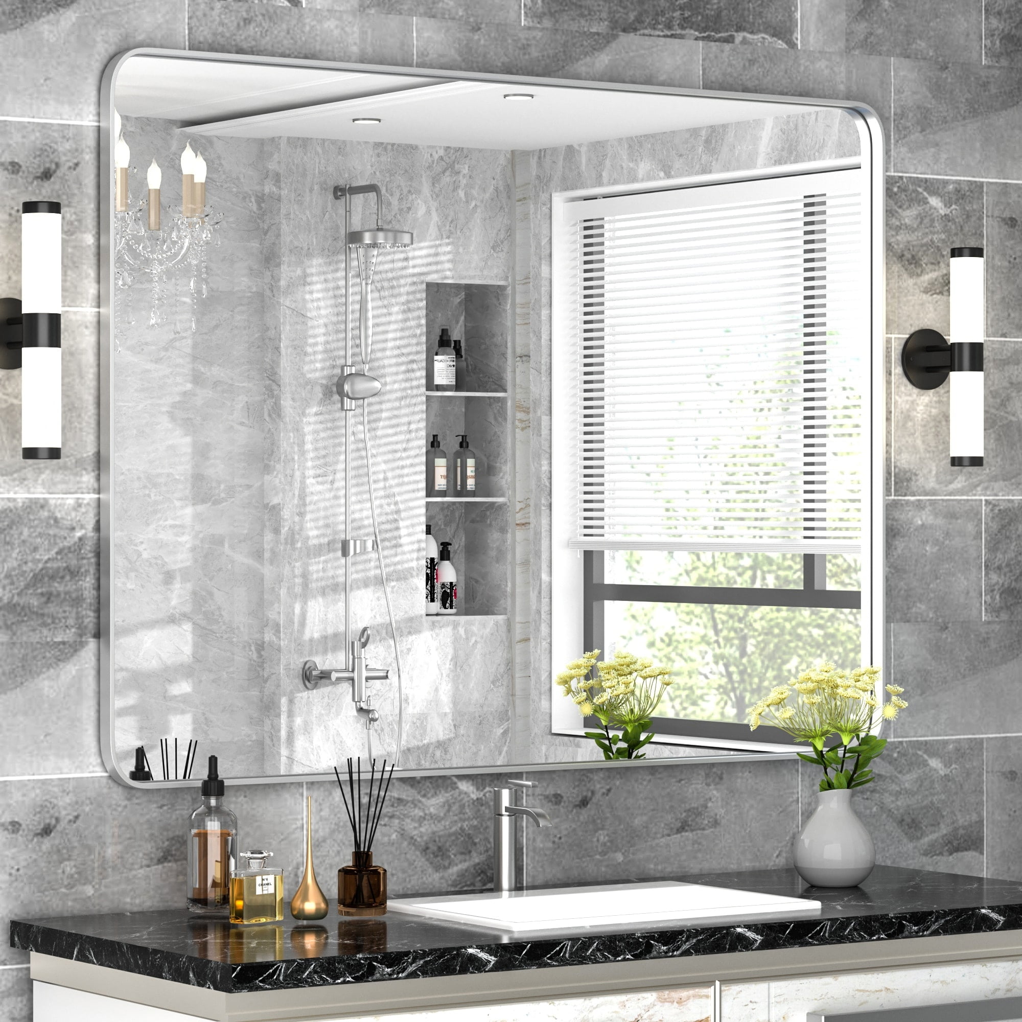 PRIMEPLUS Modern Wall Mirrors, Rectangular Mirror with Stainless Steel ...