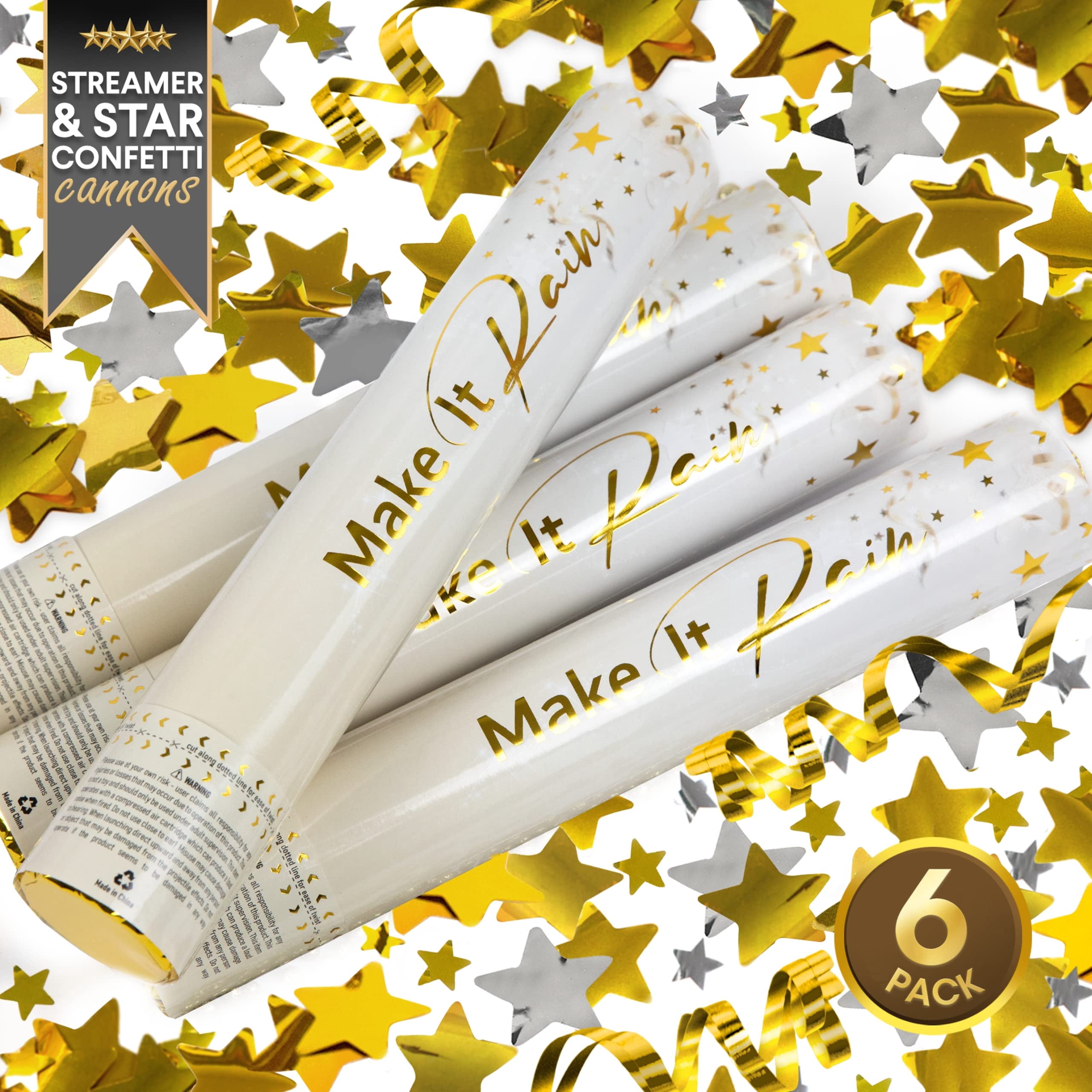 Gold Confetti & Streamer Cannons, 6 Pk Party Supplies for NYE ...