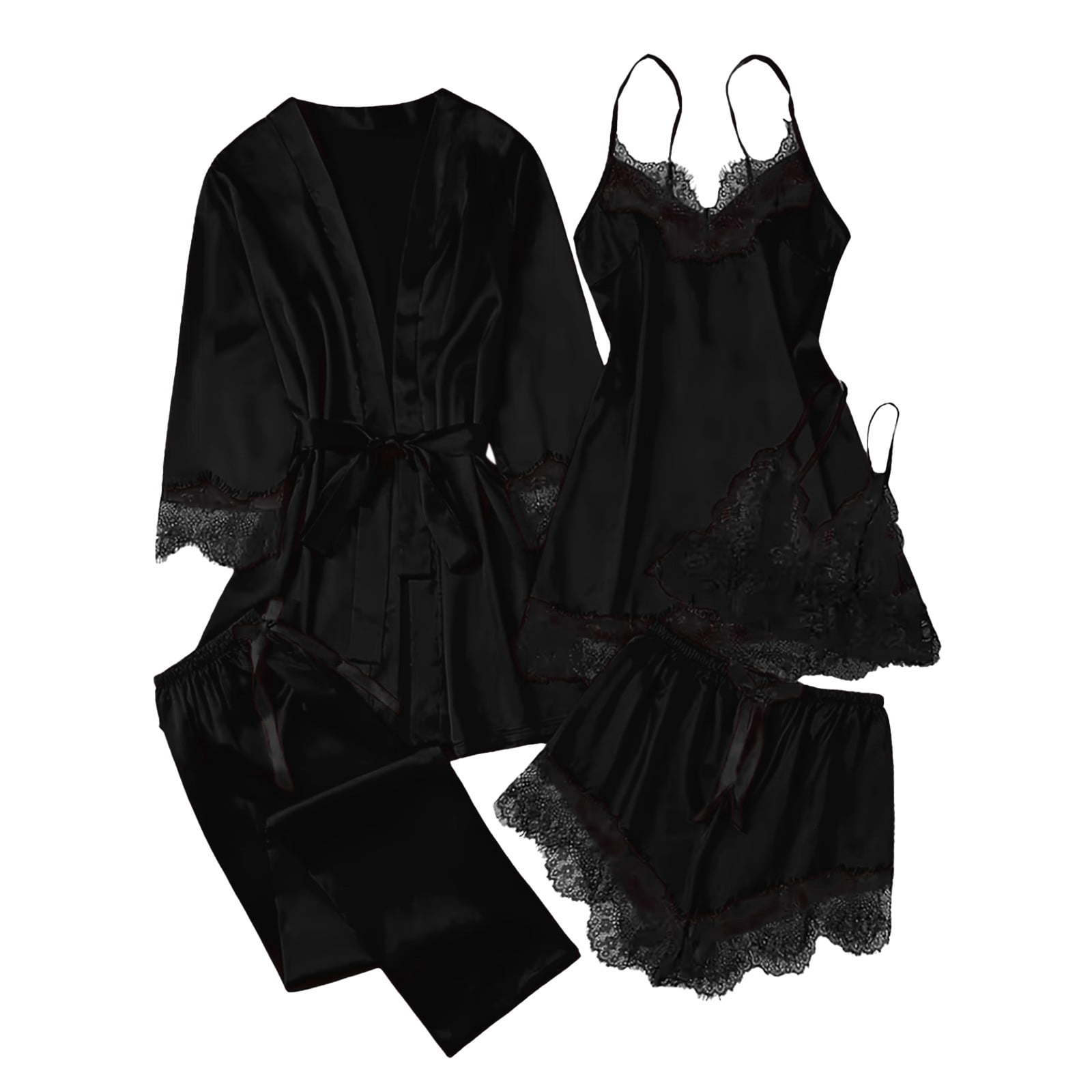 PRINxy Women's 5 Piece Pajama Sets Lace Accent Robe Nightdress Pants ...