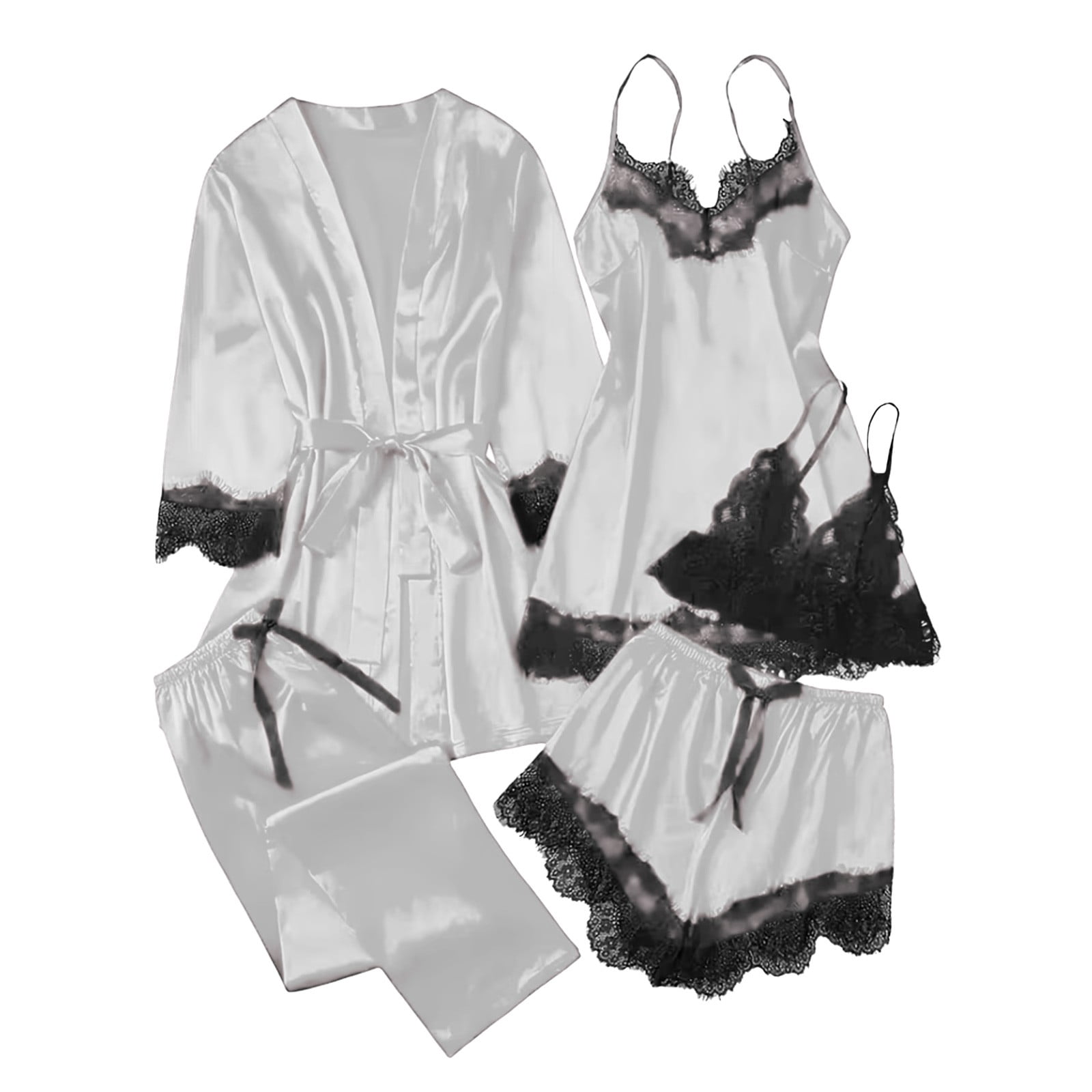 PRINxy Women's 5 Piece Pajama Sets Lace Accent Robe Nightdress Pants ...