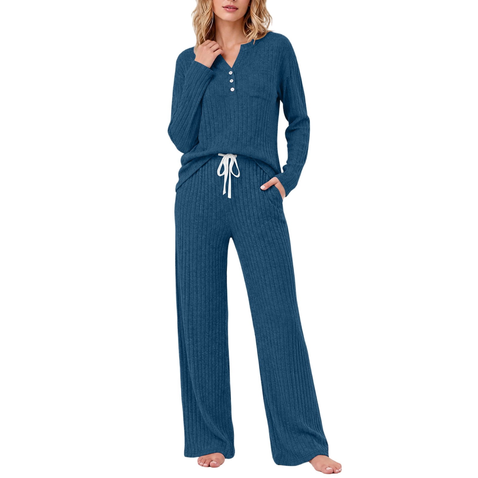 PRINxy Women's Ribbed Pajama Set Henley Long Sleeve, Sleepwear with ...