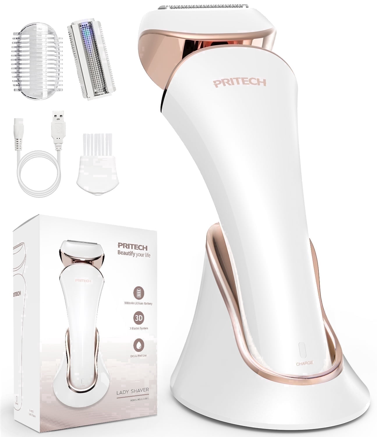 Pritech Electric Shaver for Women, Cordless USB Rechargeable Waterproof ...