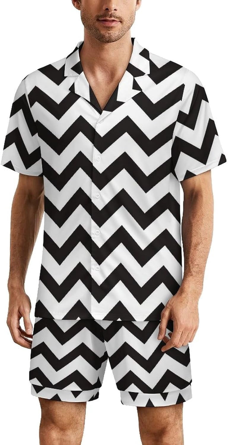 PRIYAL Black And White Zig Zag Lines Mens Short Sleeve Pajama Set Satin ...