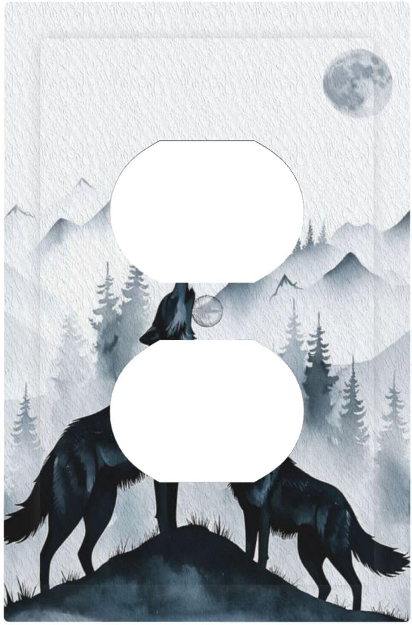 PRIYAL Black White Ink Forest Wolf Moon Mountain 1 Gang Duplex Light ...