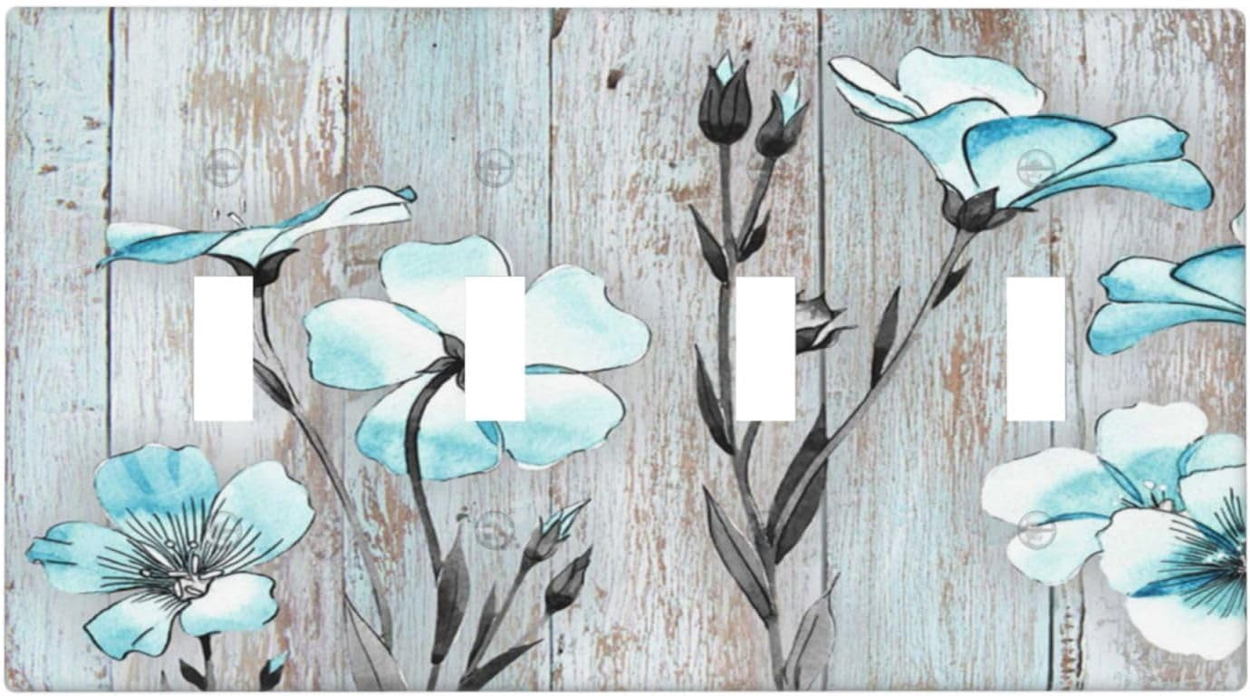 PRIYAL Blue Floral Grey Wood 4-Gang Quad Toggle /8 x 4.5 IN Light ...
