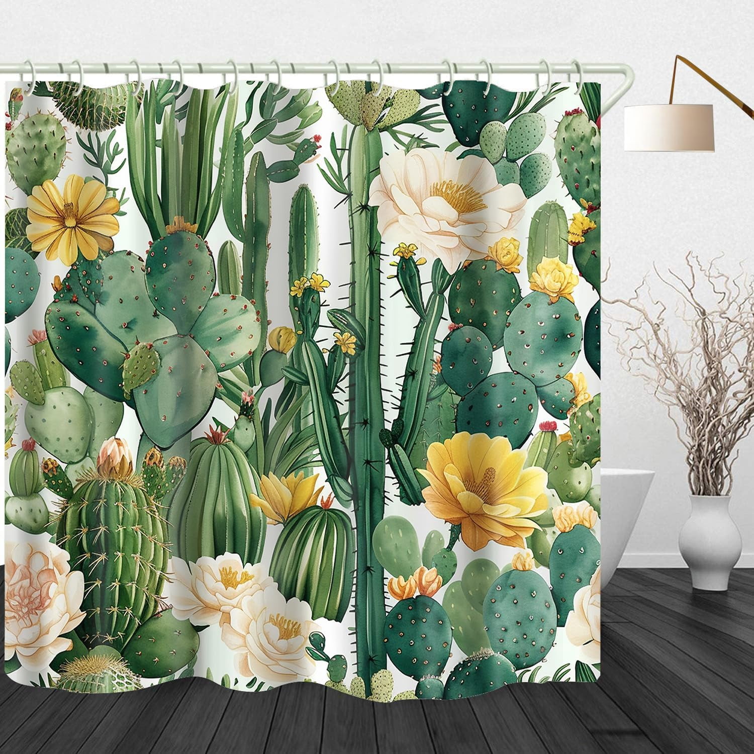 PRIYAL Cactus With Flower Print Shower Curtain, Plant Leaves Fabric ...