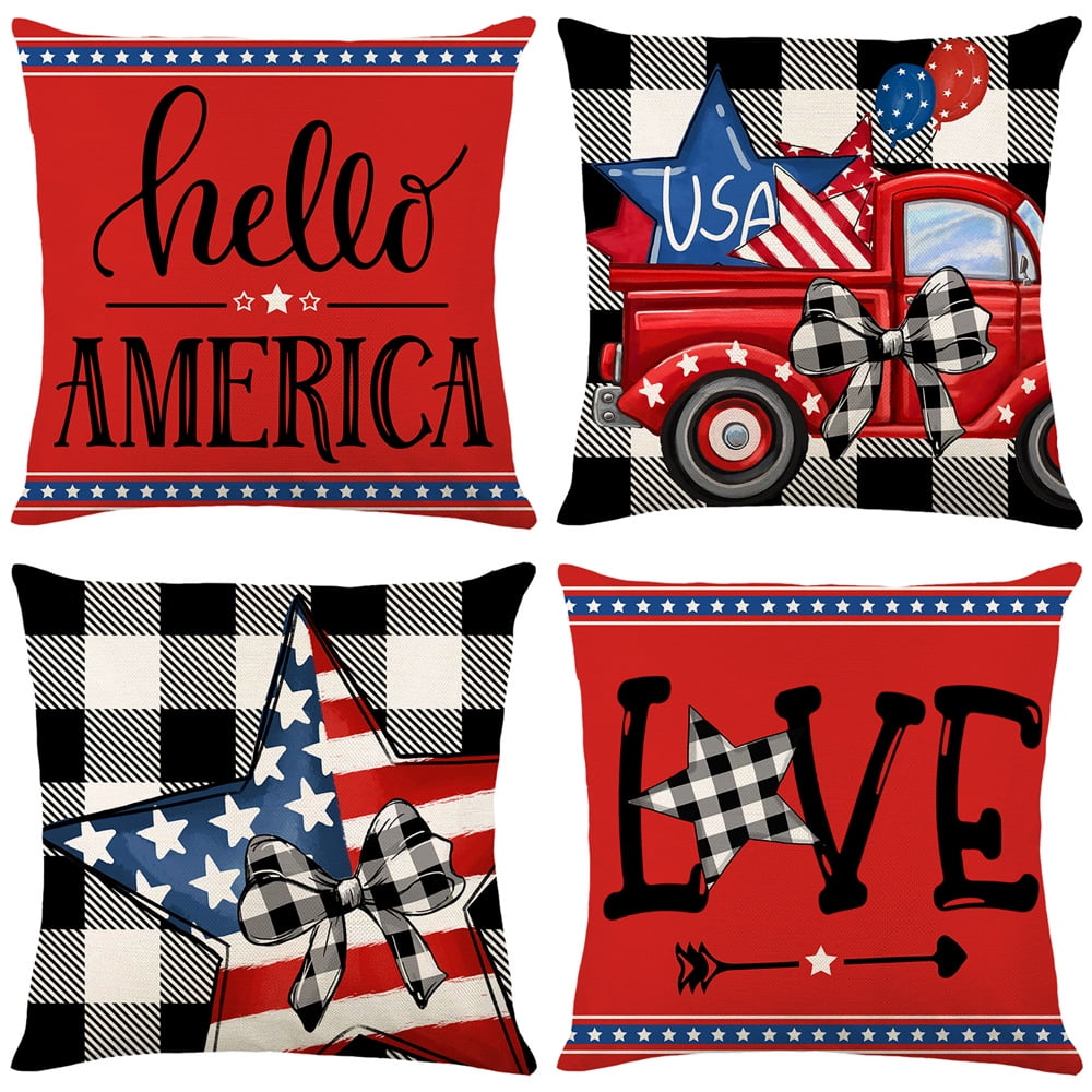 PRIYAL Hello America Patriotic Star Pillow Covers 18x18 Set of 4 ...