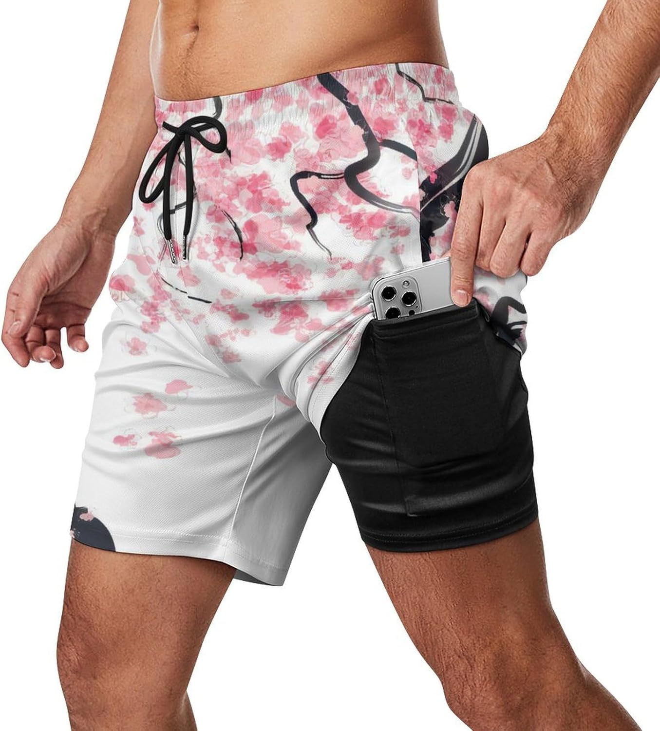 PRIYAL Japanese Cherry Blossom Men's Swim Shorts, 2 in 1 with ...