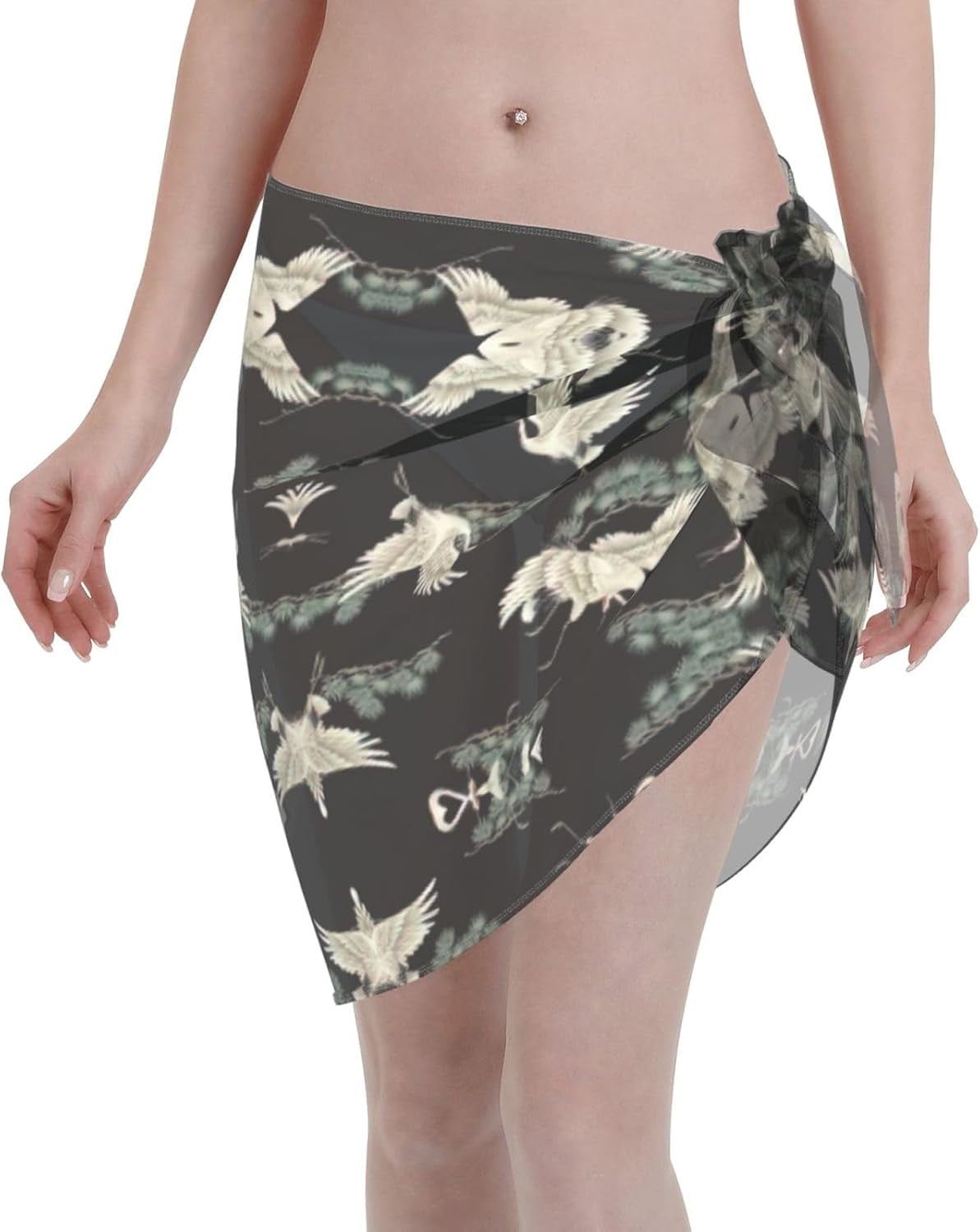 PRIYAL Japanese Crane & Pine Women Short Sarongs Beach Wrap - Chic Bikini Skirt - Translucent ...