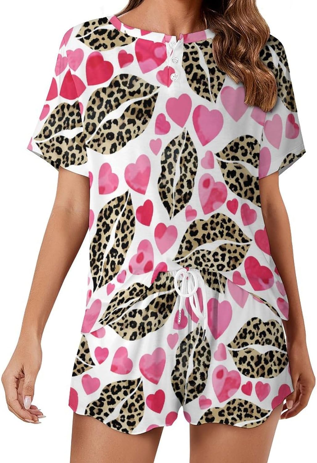PRIYAL Leopard Lip Watercolor Heart Women's Summer Home Suit Pajama ...