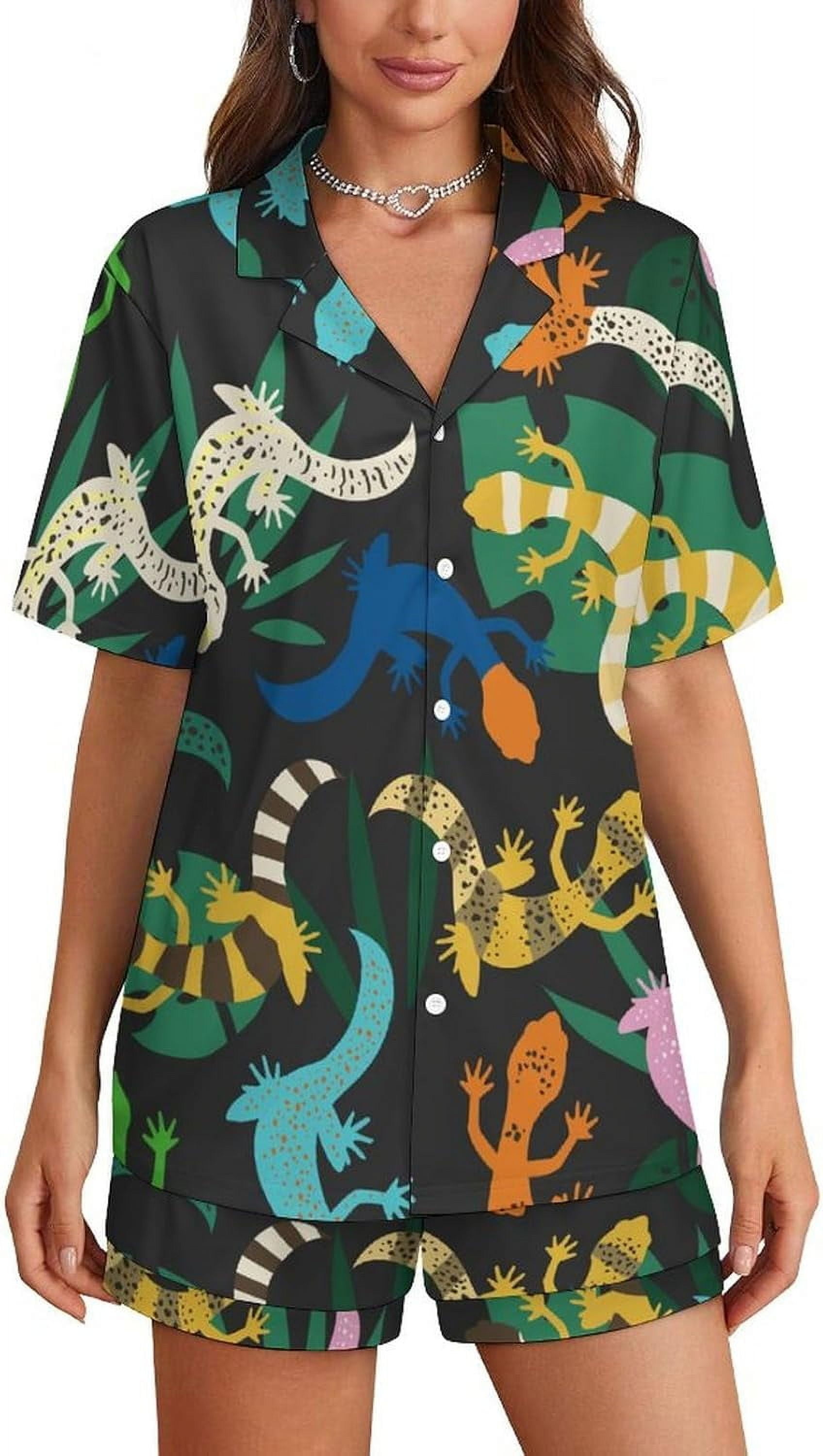 PRIYAL Lizards Colorful Geckos Women Pajama Set Short Sleeve Comfy Pjs Sets 2 Piece Lounge Set ...