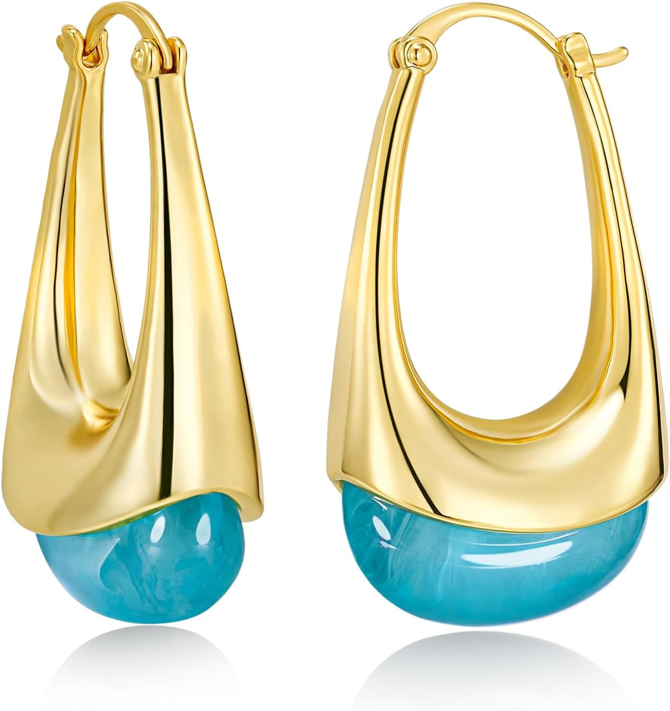 PRIYAL Long Oval Chunky Dangle Gold Hoops with Colored Resin Gemstone ...