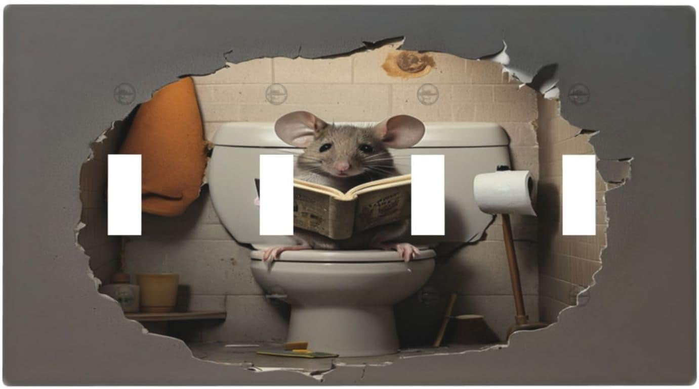 PRIYAL Mouse Sitting On Toilet In Mouse Hole 4 Gang Quad Toggle - 4.5 x ...