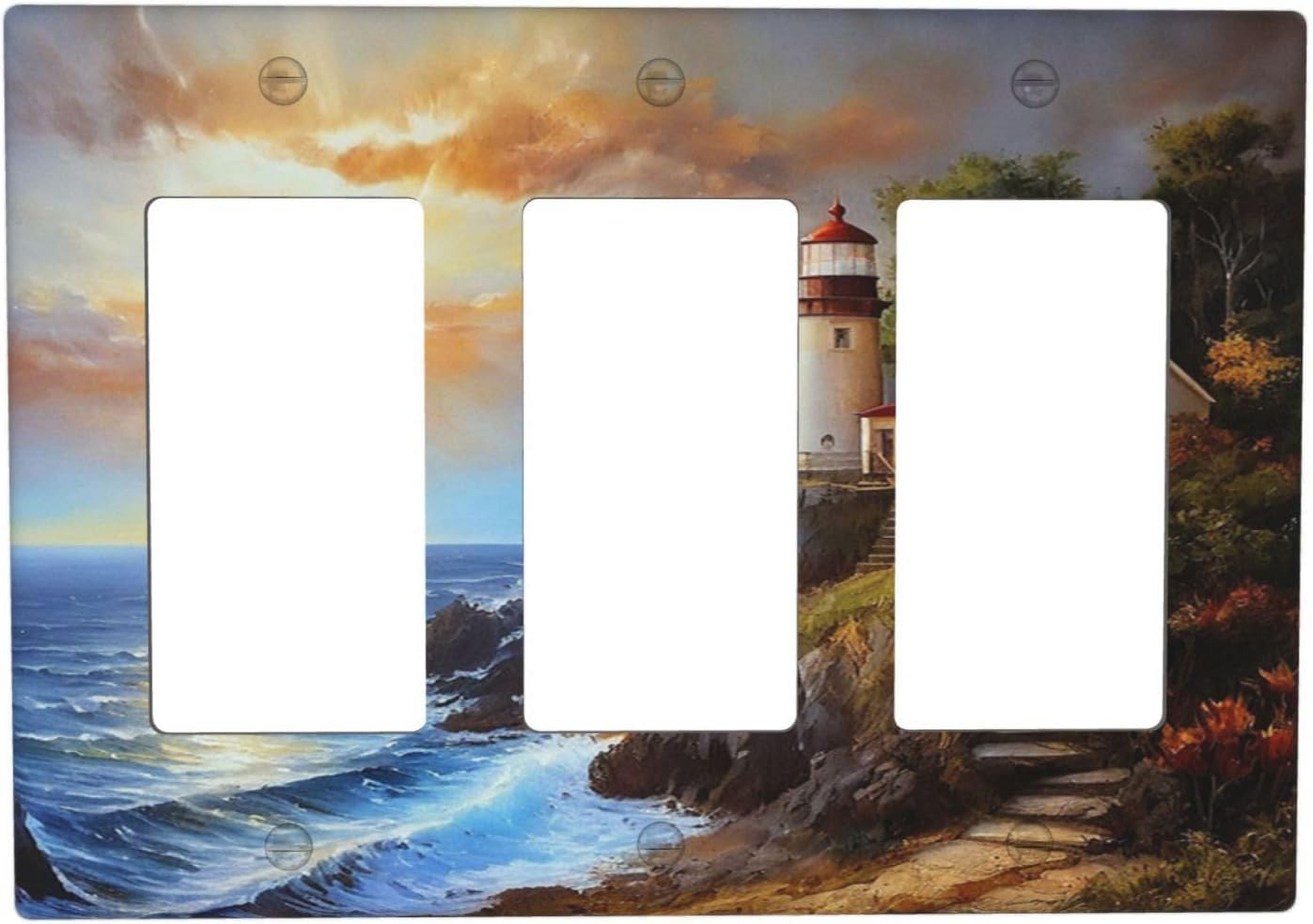 PRIYAL Nautical Lighthouse Oil Painting Sunset Coastal 3 Gang Triple ...