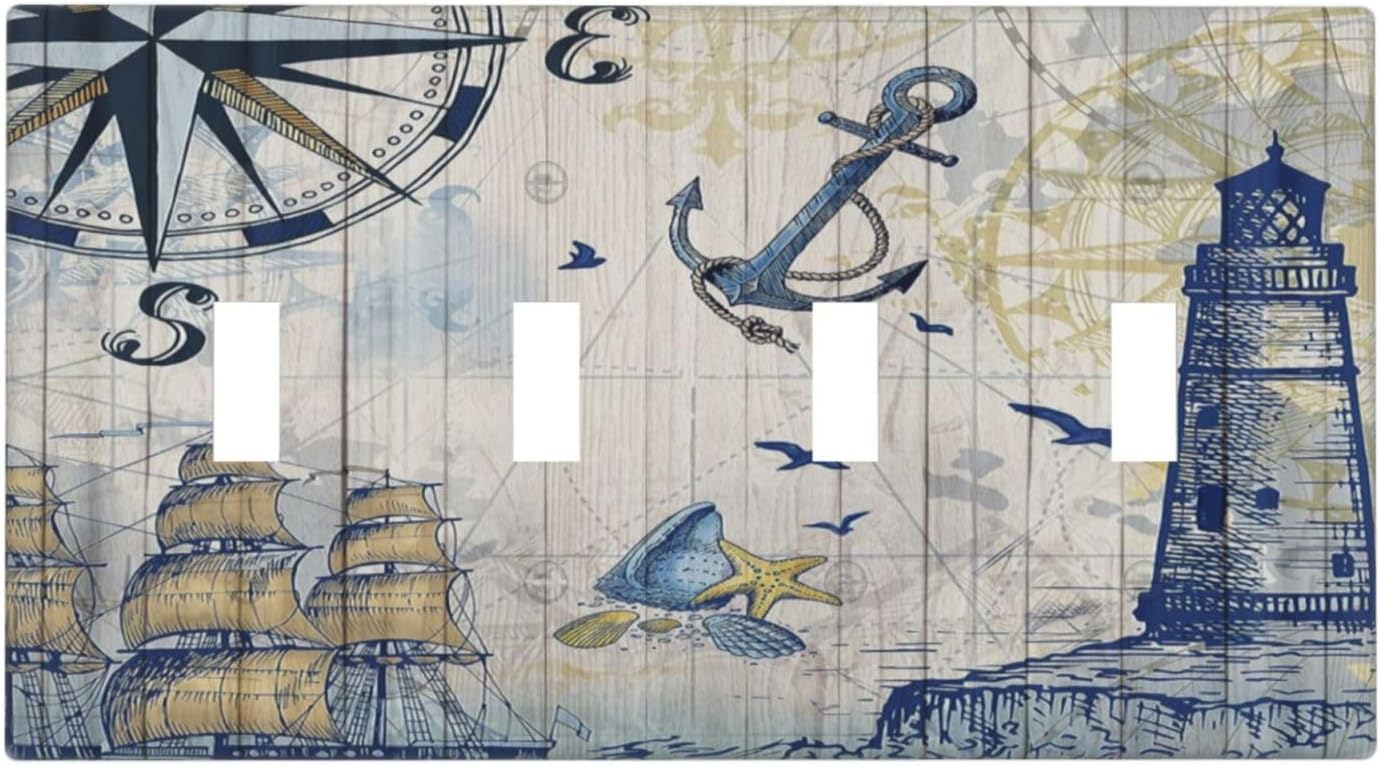 PRIYAL Nautical Sailboat Lighthouse Compass Anchor Wood Look 4 Gang ...