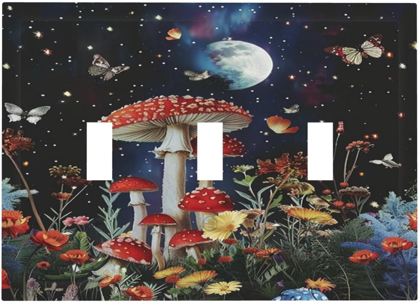 PRIYAL Night Sky Moon Mushroom Plants Flowers Butterflies 3 Gang Triple ...