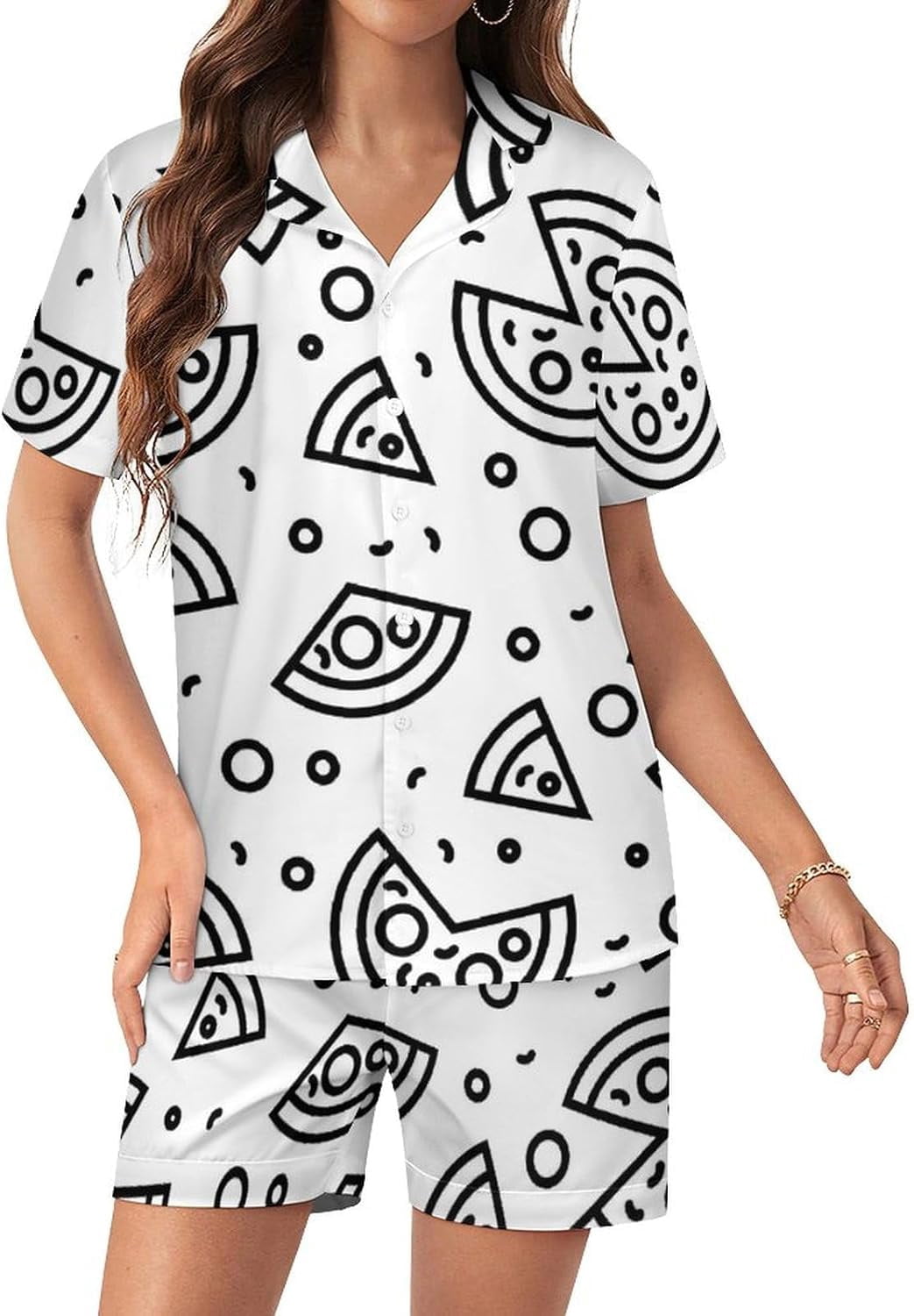 PRIYAL Pajama Sets for Womens Pizza Backdrop Back Satin Silk Short ...