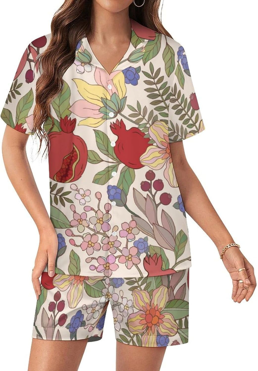 PRIYAL Pajama Sets for Womens Pomegranate Leaf And Flowers Satin Silk ...