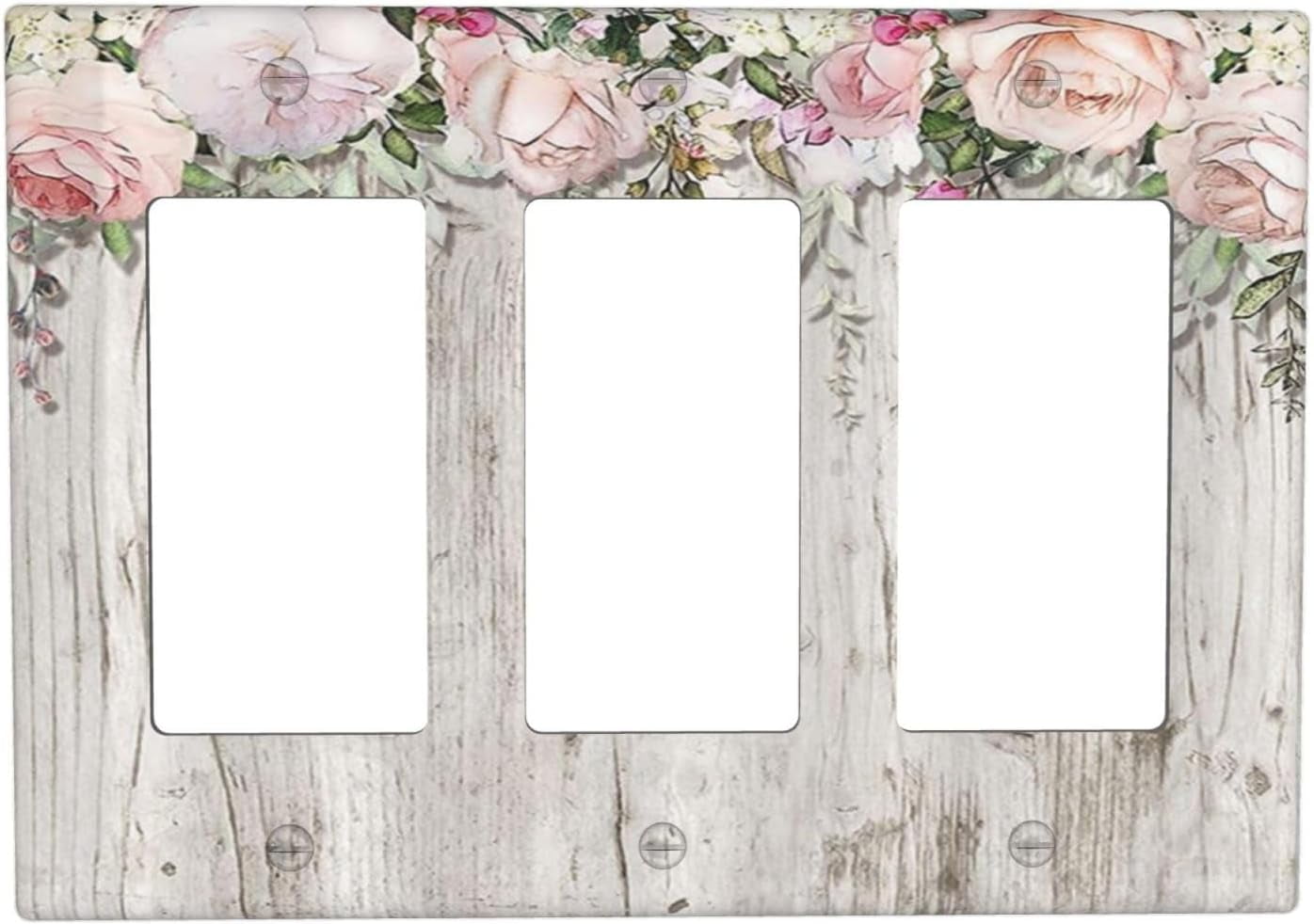 PRIYAL Pink Roses Flower Floral On Rutic Grey White Wood Triple Rocker ...