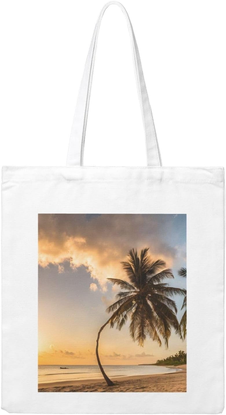 PRIYAL Reusable Heavy-Duty Canvas Tote Bag, Sunset Hawaiian Palm Tree ...