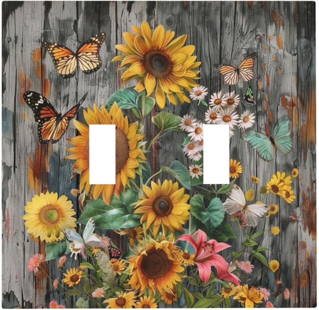 PRIYAL Spring Rustic Sunflower Daisy Butterfly Wood 2 Gang Double ...