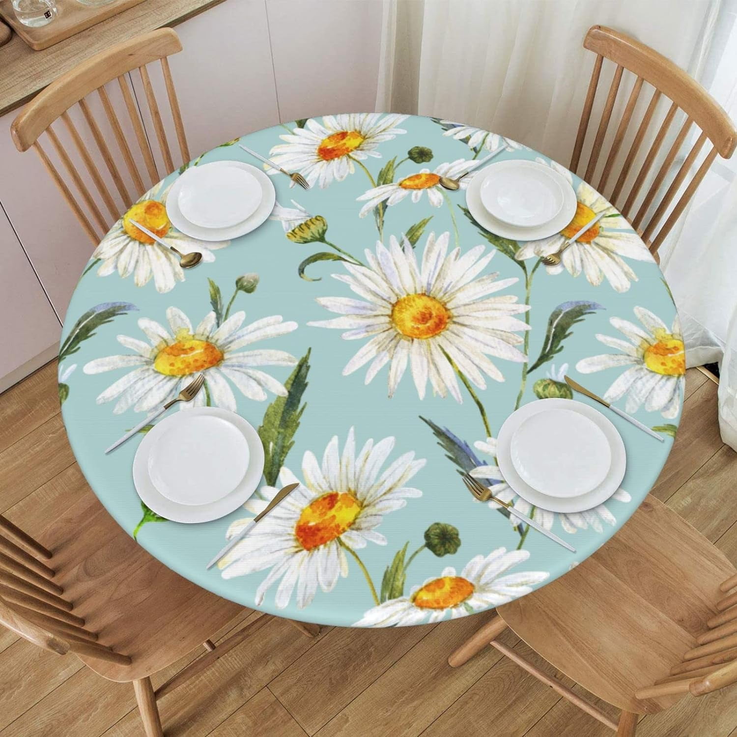 PRIYAL Spring White Daisy 45-50 inch Round Fitted Tablecloth with ...