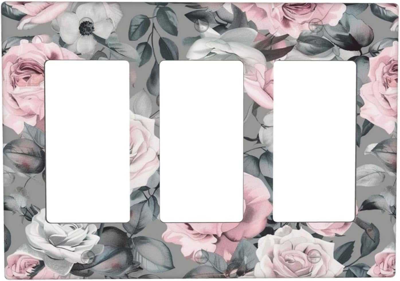 PRIYAL Tea Rose Sliver Gray Floral Pink Flower 3 Gang Triple Rocker ...